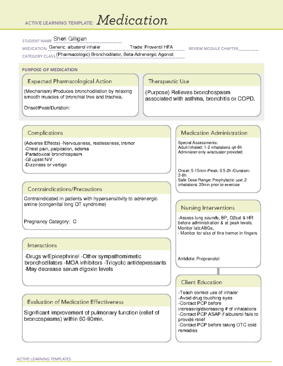 Medication Cards - ACTIVE LEARNING TEMPLATES Medication STUDENT NAME ...