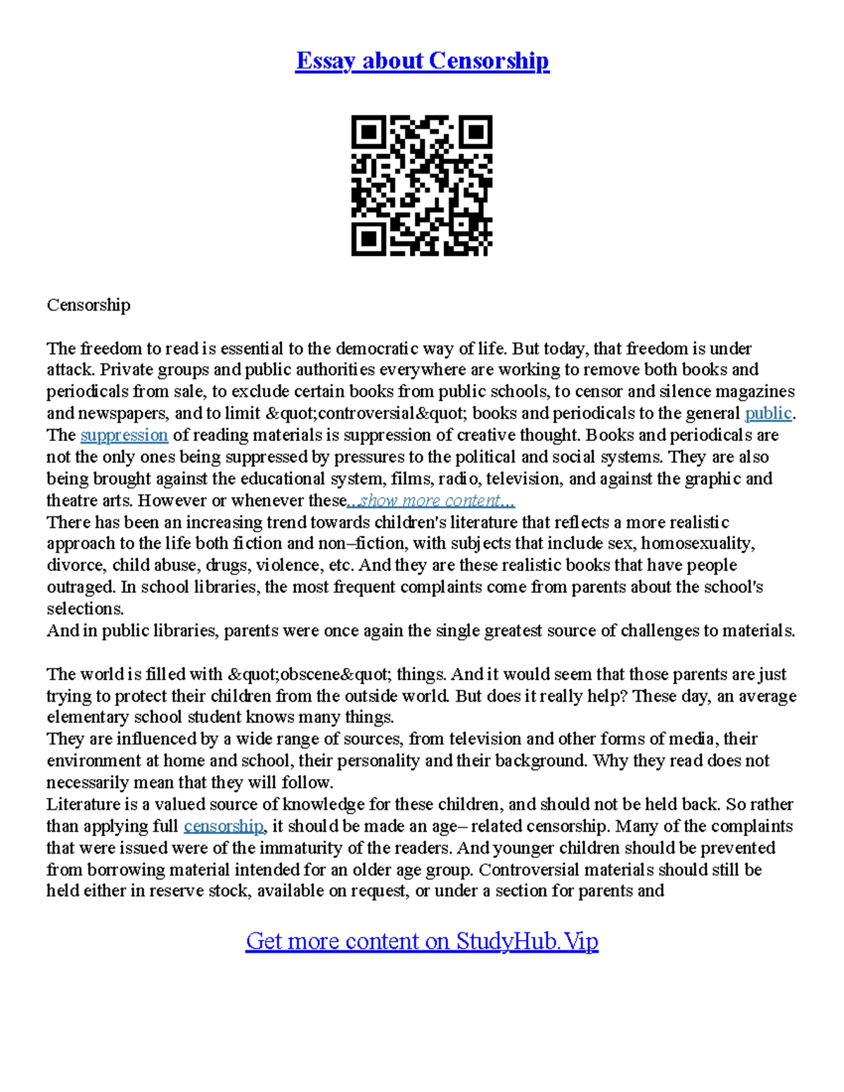 Censorship Essays - Essay about Censorship Censorship The freedom to ...