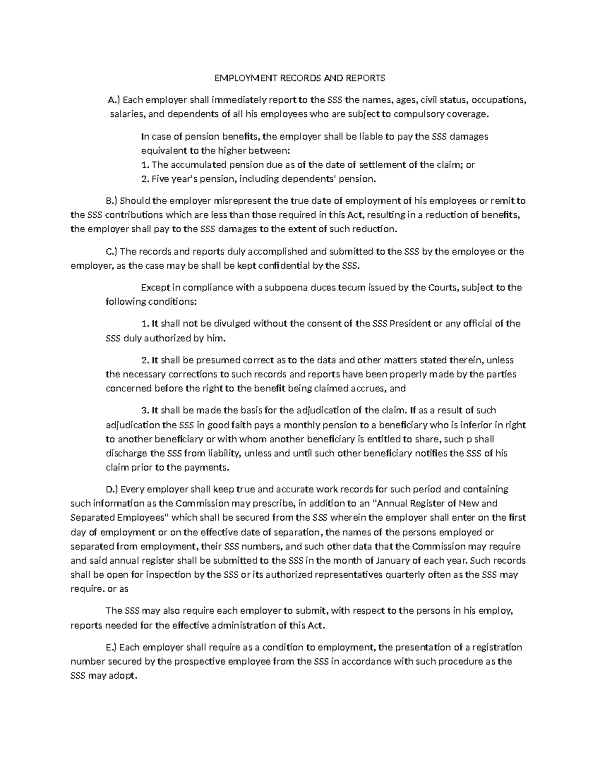 Employment Records AND Reports Penal Clauses - EMPLOYMENT RECORDS AND REPORTS A.) Each employer ...