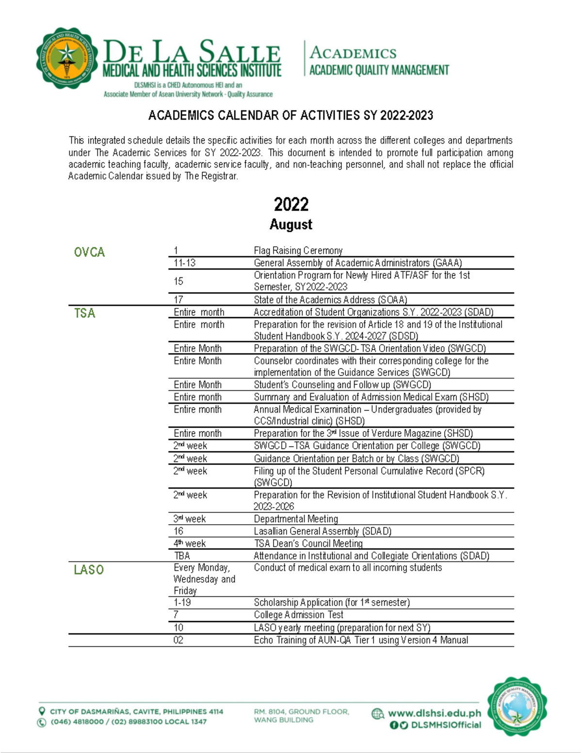 Academics Calendar of Activities AY 2022 2023 - ACADEMICS CALENDAR OF ...