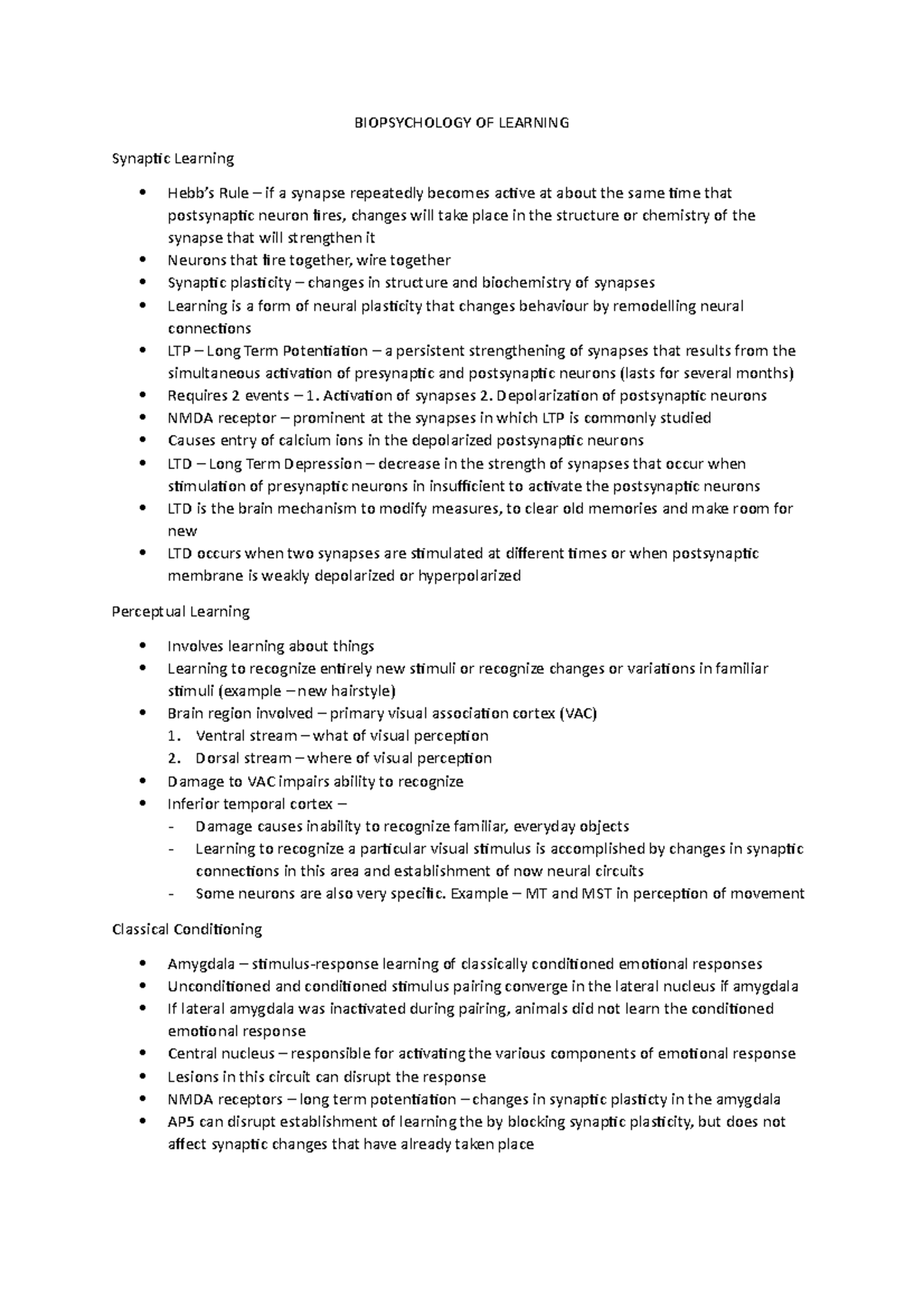 Biopsychyology of Learning - BIOPSYCHOLOGY OF LEARNING Synaptic ...