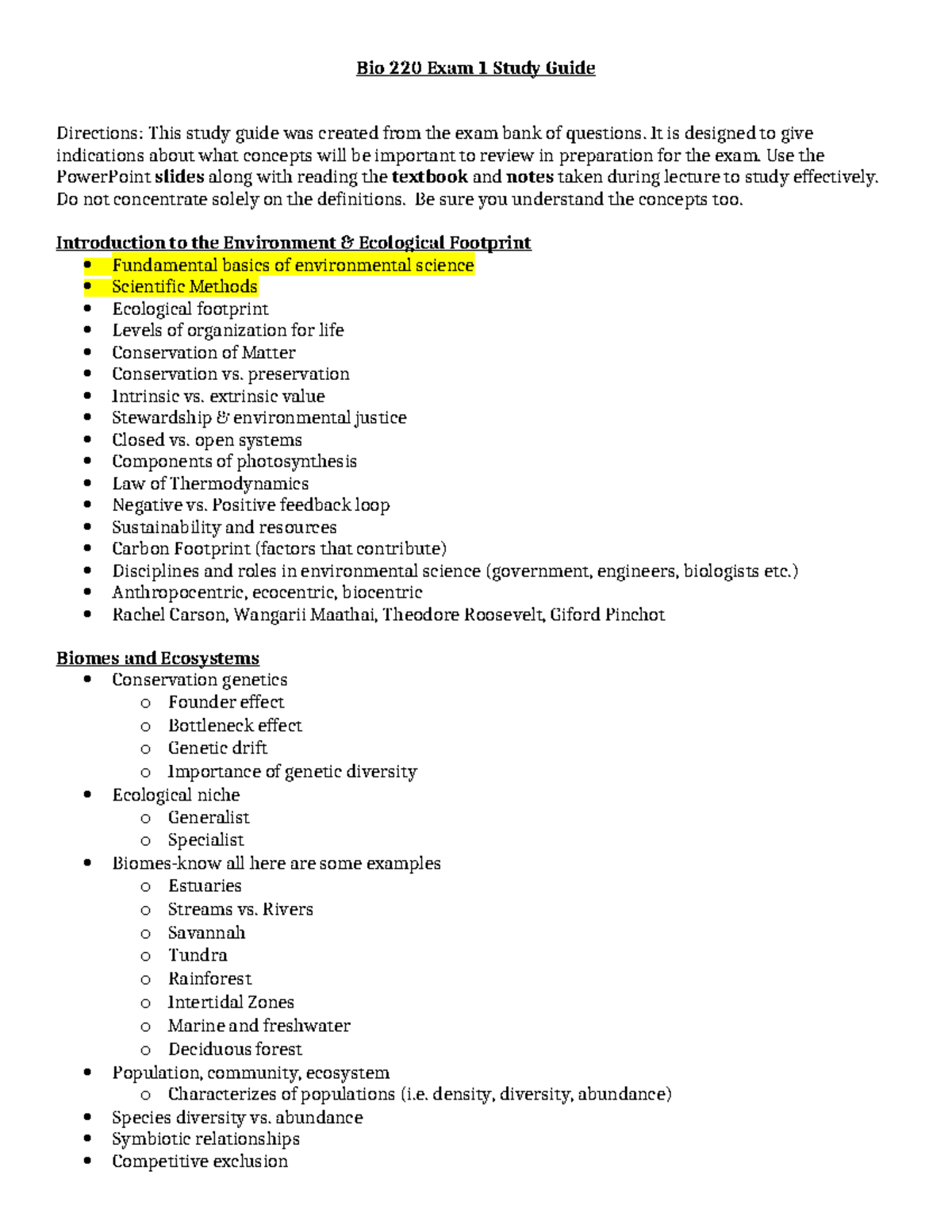 Bio 220 Exam 1 Study Guide - Bio 220 Exam 1 Study Guide Directions ...