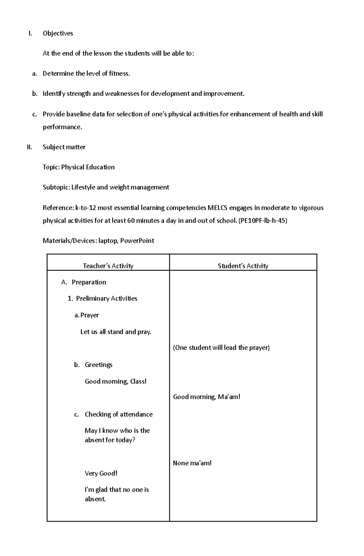 Mapeh 10 - lesson plan in physical fitness test q1 - I. Objectives At ...