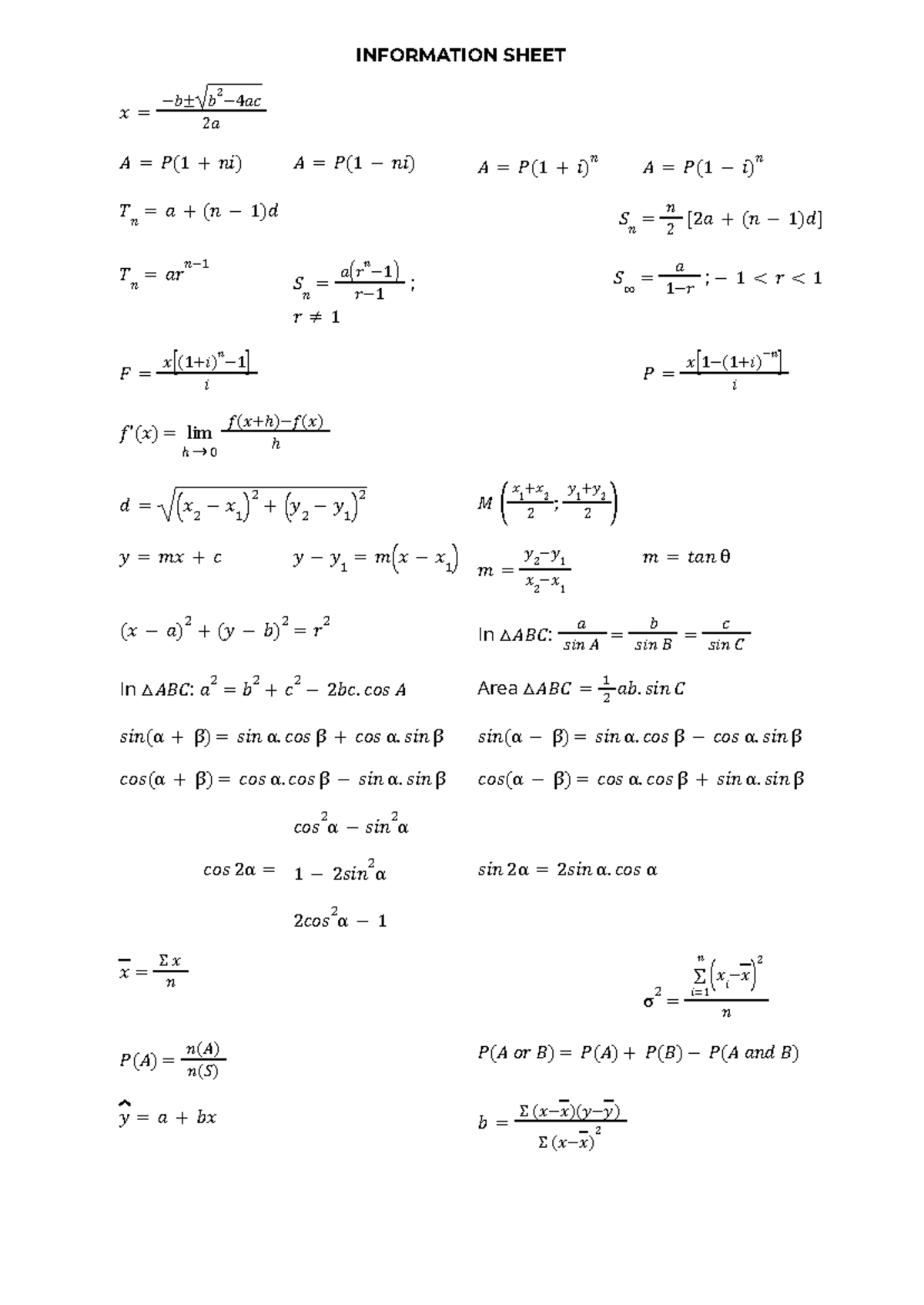Mathematics FET Information Sheet - INFORMATION SHEET 𝑥 = −𝑏± 𝑏 2 −4𝑎𝑐 ...