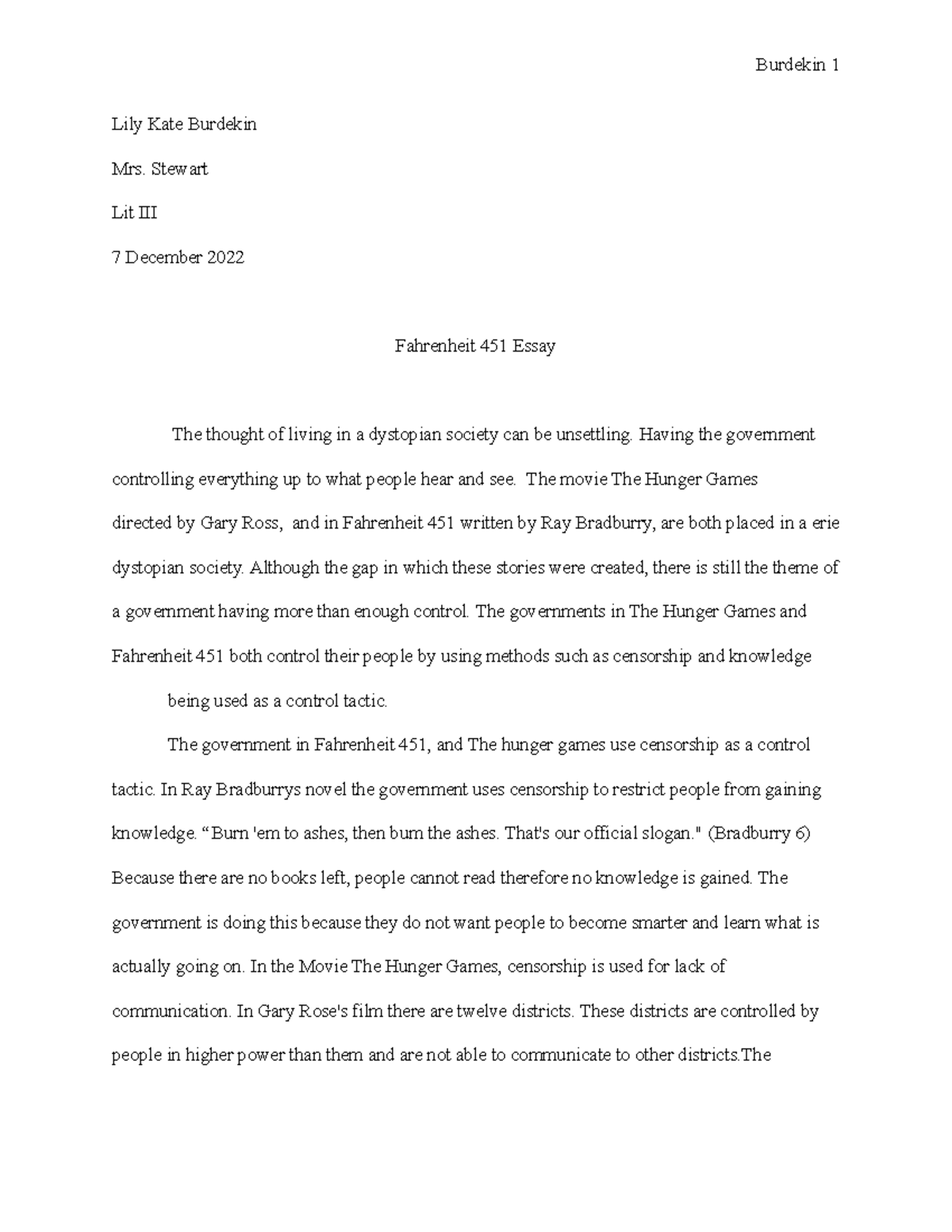 Fahrenheit 451 essay - keh1f ;k3e - Lily Kate Burdekin Mrs. Stewart Lit ...
