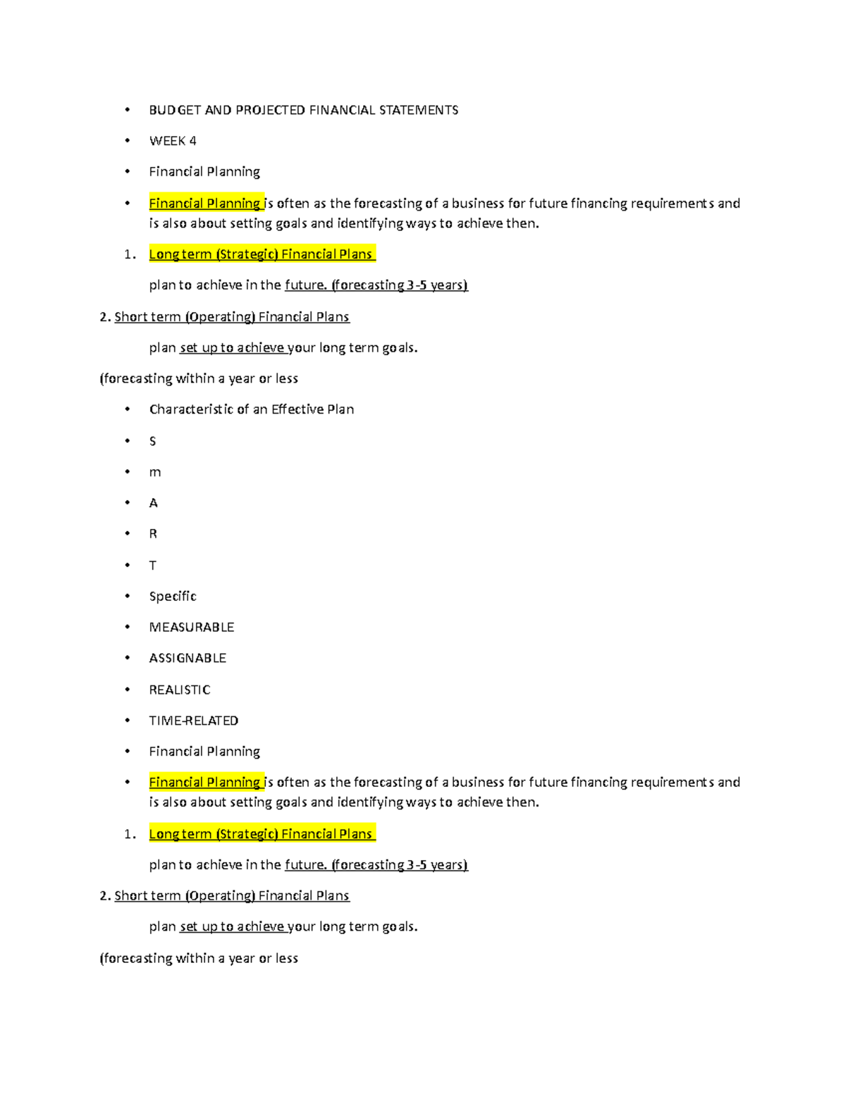 Notes Budget AND Projected Financial Statements - • BUDGET AND ...