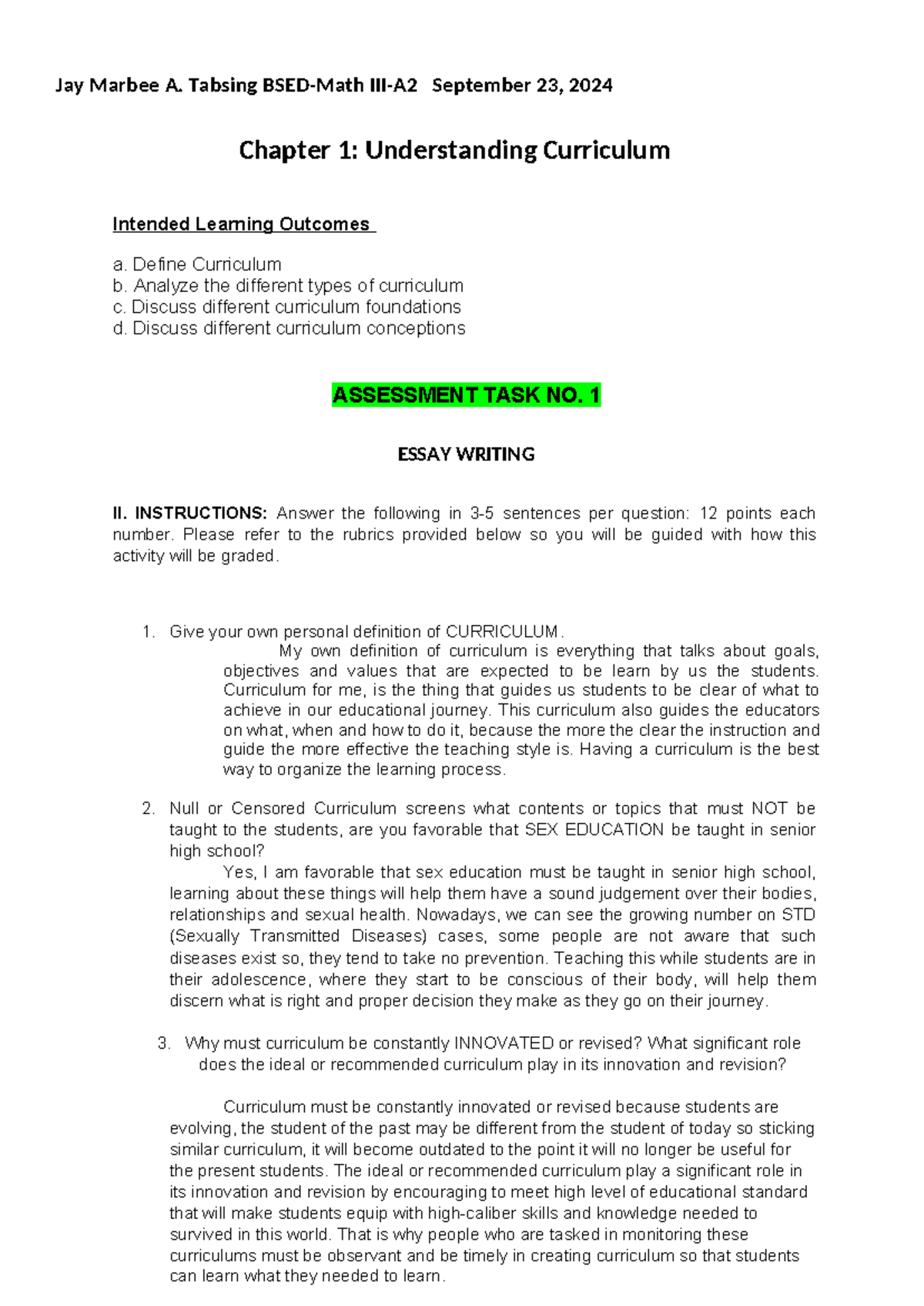 The Teacher and Curriculum - Jay Marbee A. Tabsing BSED-Math III-A2 September 23, 2024 Chapter 1 ...