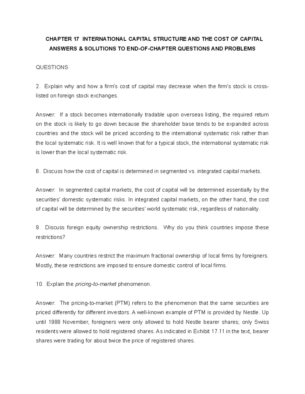 Chapter 17 solution - CHAPTER 17 INTERNATIONAL CAPITAL STRUCTURE AND ...