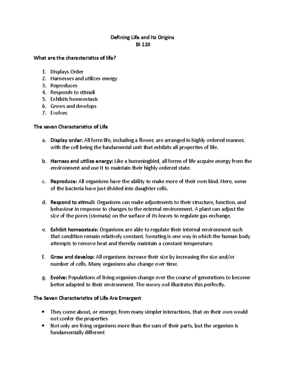 Chapter 21 - Lecture notes 2 - Defining Life and Its Origins BI 110 ...