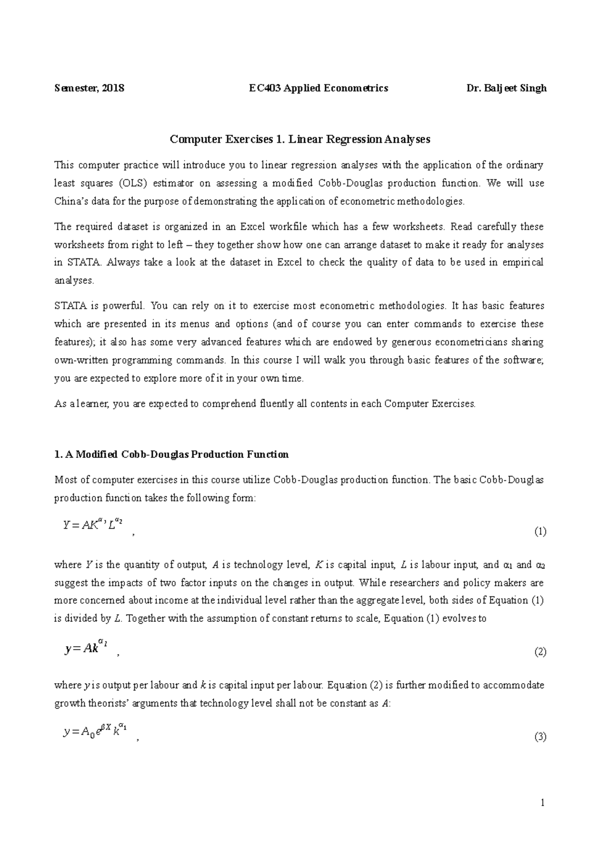 Lab1 - Noted - Semester, 2018 EC403 Applied Econometrics Dr. Baljeet Singh Computer Exercises 1 ...