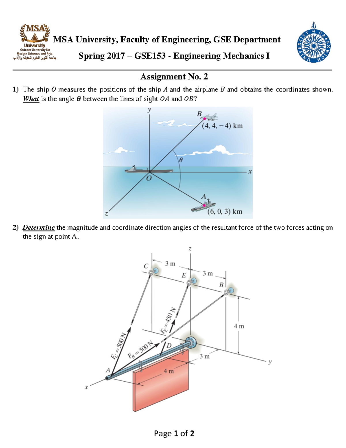 Mechanics - assignment 2 - spring 2017 - MSA University, Faculty of Engineering, GSE Department ...