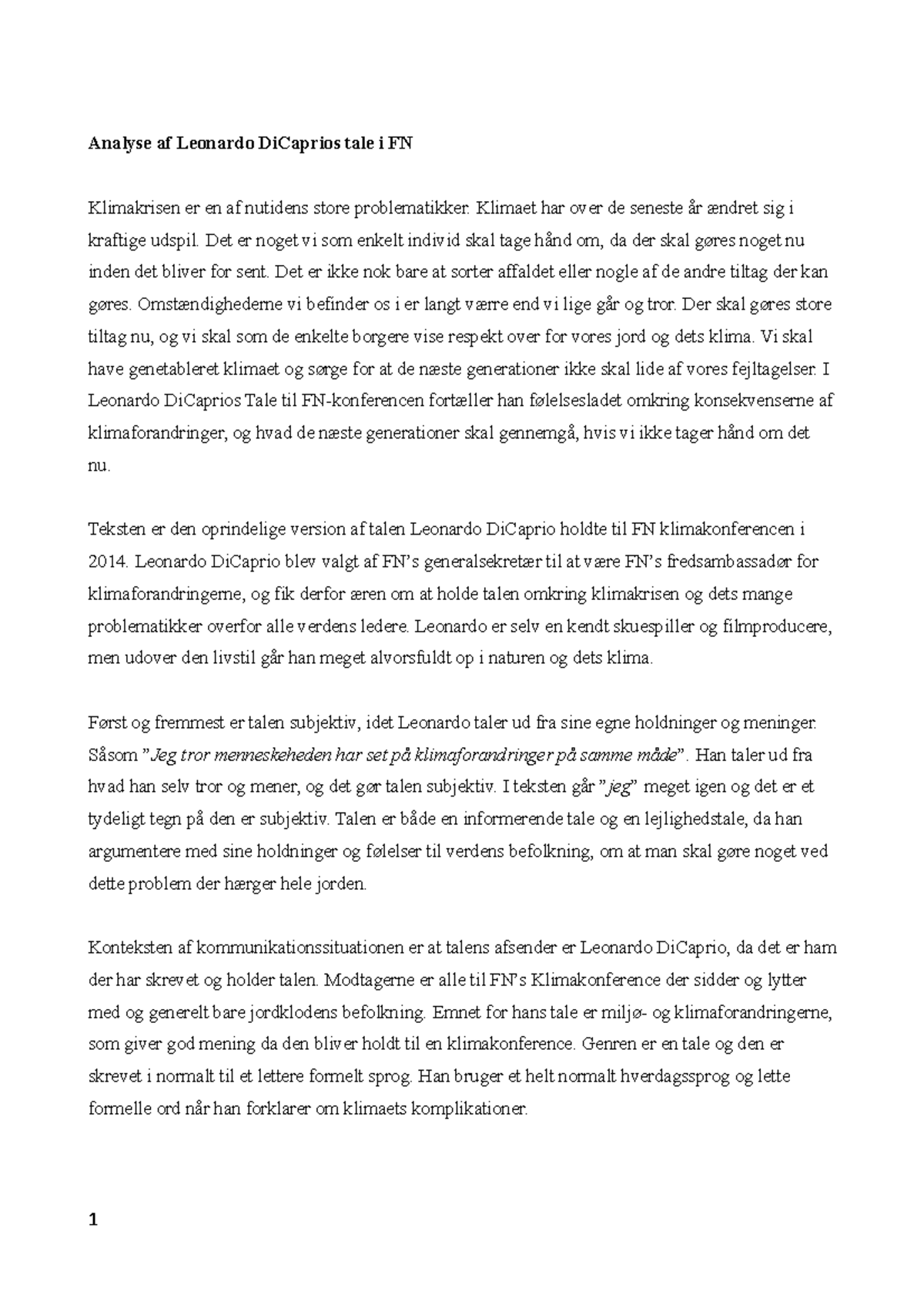 Analyse af Leonardo Di Caprios tale i FN - Analyse af Leonardo DiCaprios tale i FN Klimakrisen ...