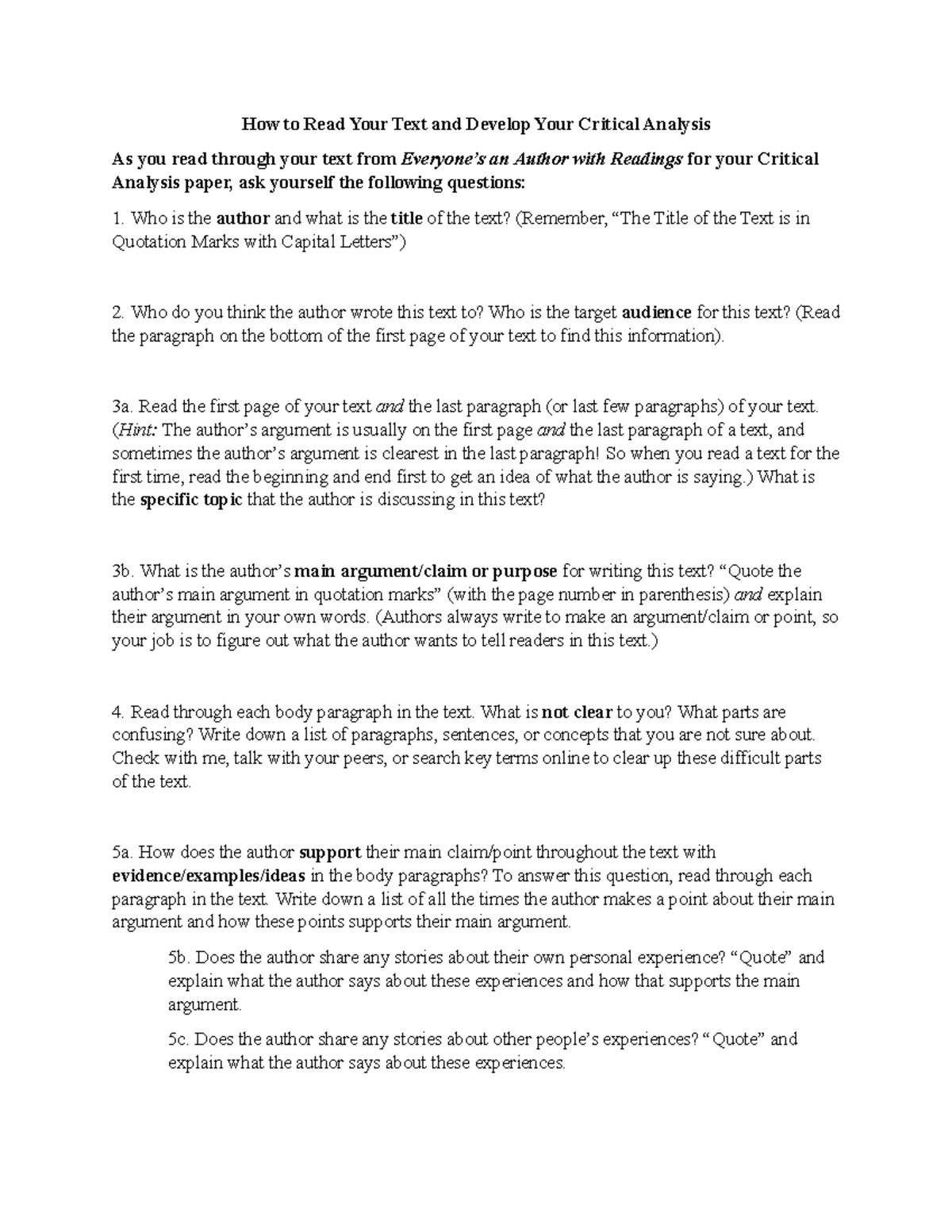 Guidanceon Howto Read Your Textand Develop Critical Analysis - How to ...