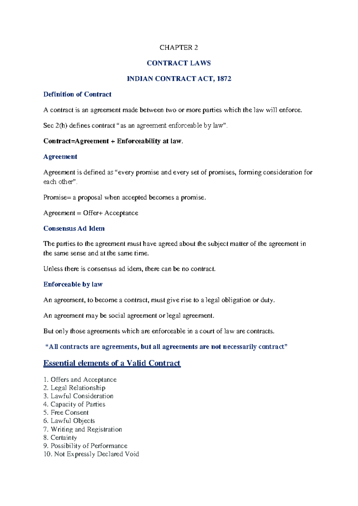 Chapter 2 Contract Laws Indian Contract Act1872 - CHAPTER 2 CONTRACT LAWS INDIAN CONTRACT ACT ...