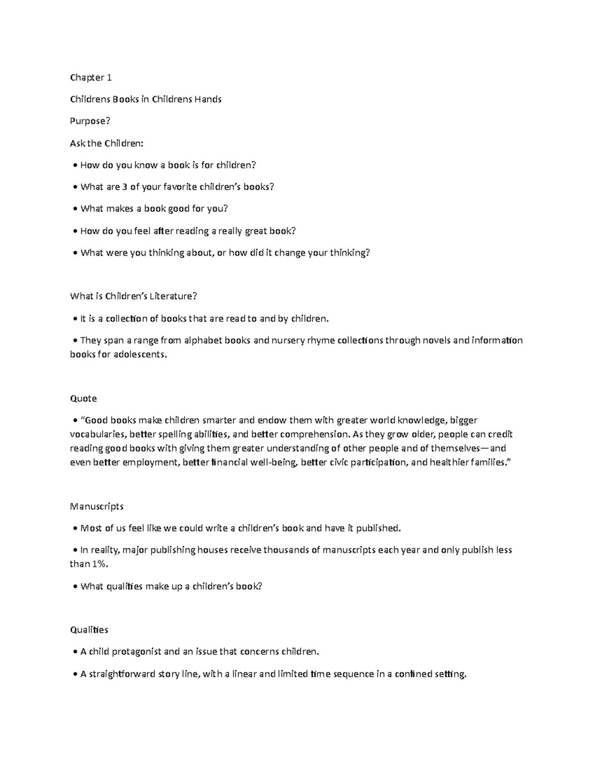 EDUC STUD - Powerpoint quetsions and such - Chapter 1 Childrens Books ...