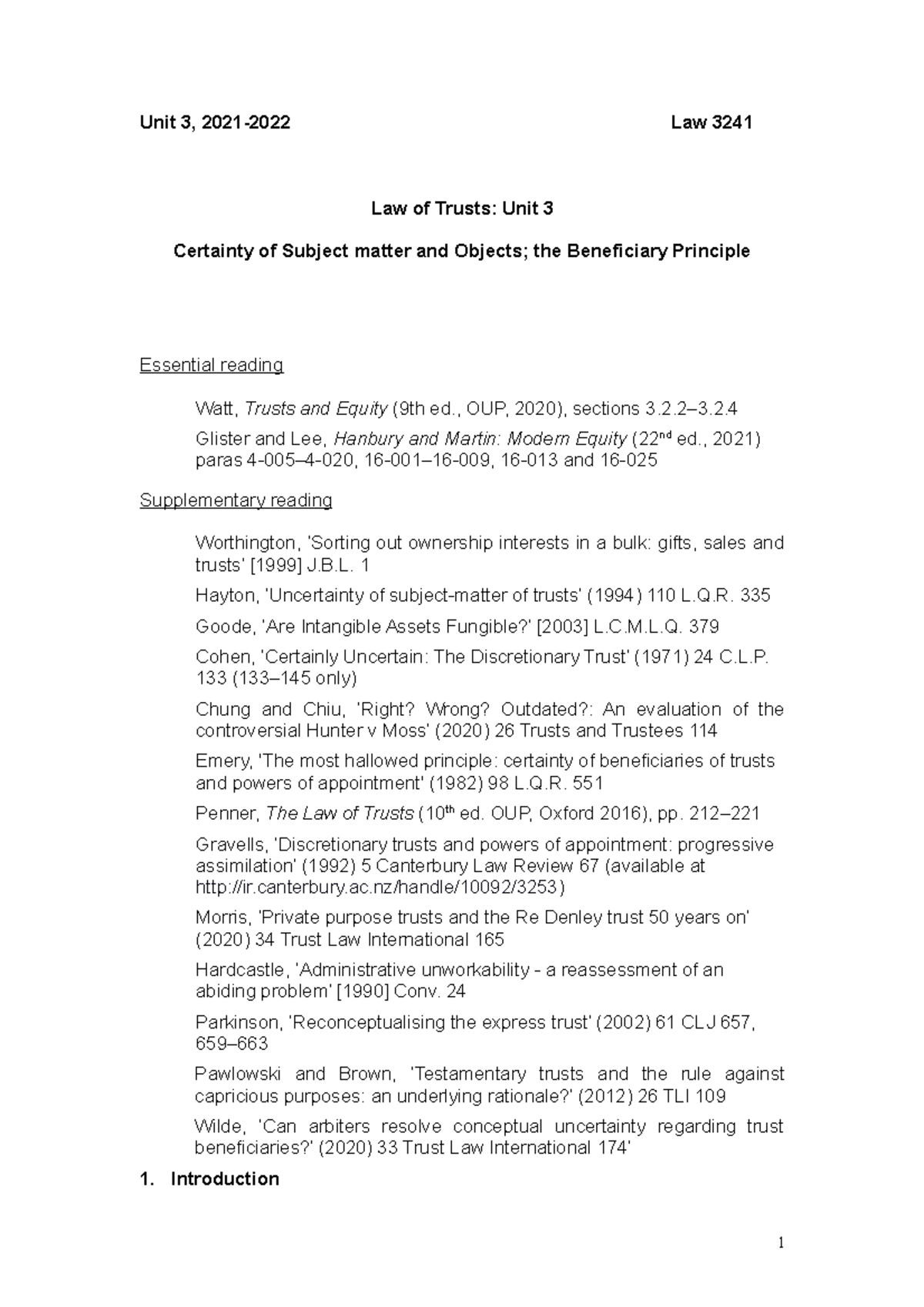 Trusts 3 - Handout (2021)(3) - Unit 3, 2021-2022 Law 3241 Law of Trusts: Unit 3 Certainty of ...