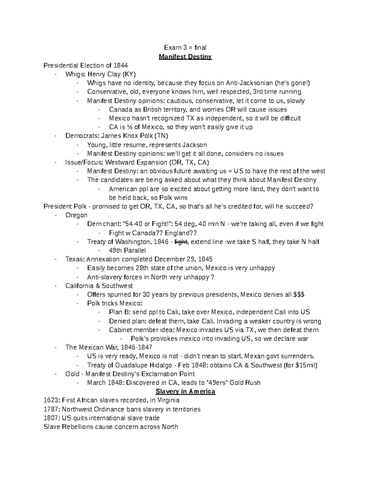 Hist 1301 Lecture Notes for Exam 3 - Google Docs - Exam 3 = final ...