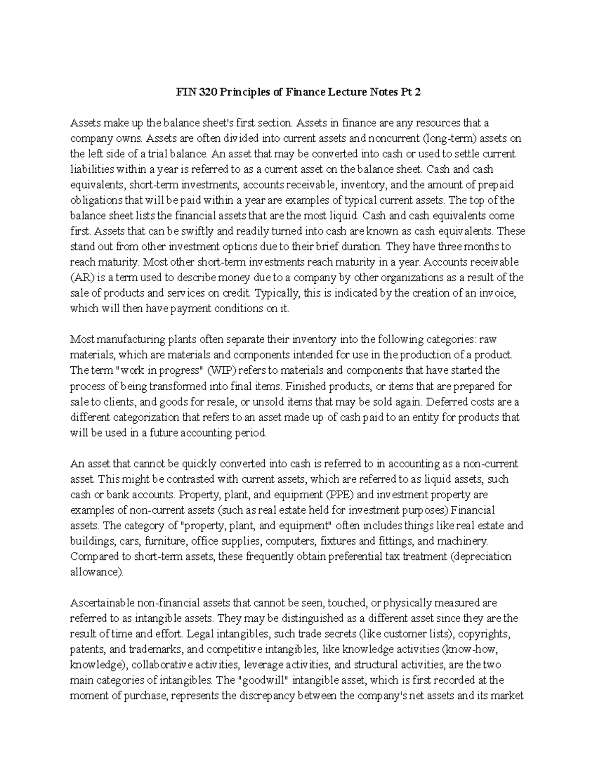 FIN 320 Principles of Finance Lecture Notes Pt 2 - Assets in finance ...