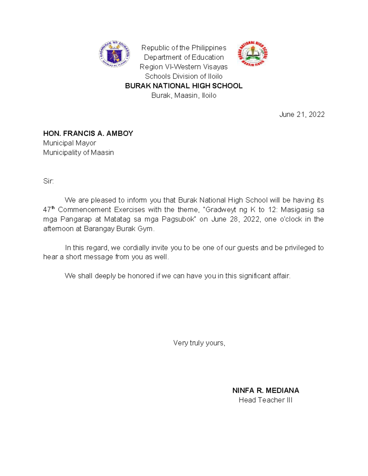 Invitation letter for recog - Republic of the Philippines Department of ...