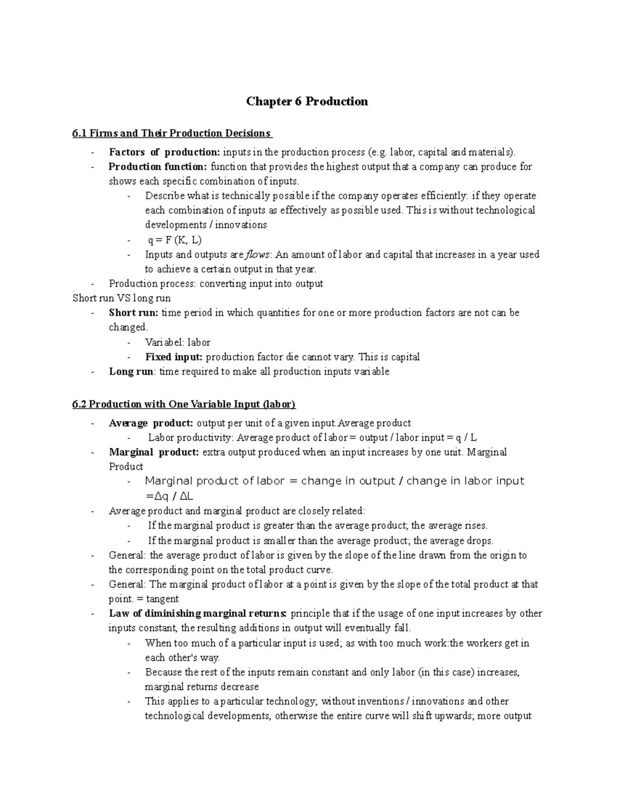 Chapter 6 Production Notes - Chapter 6 Production 6 Firms and Their ...