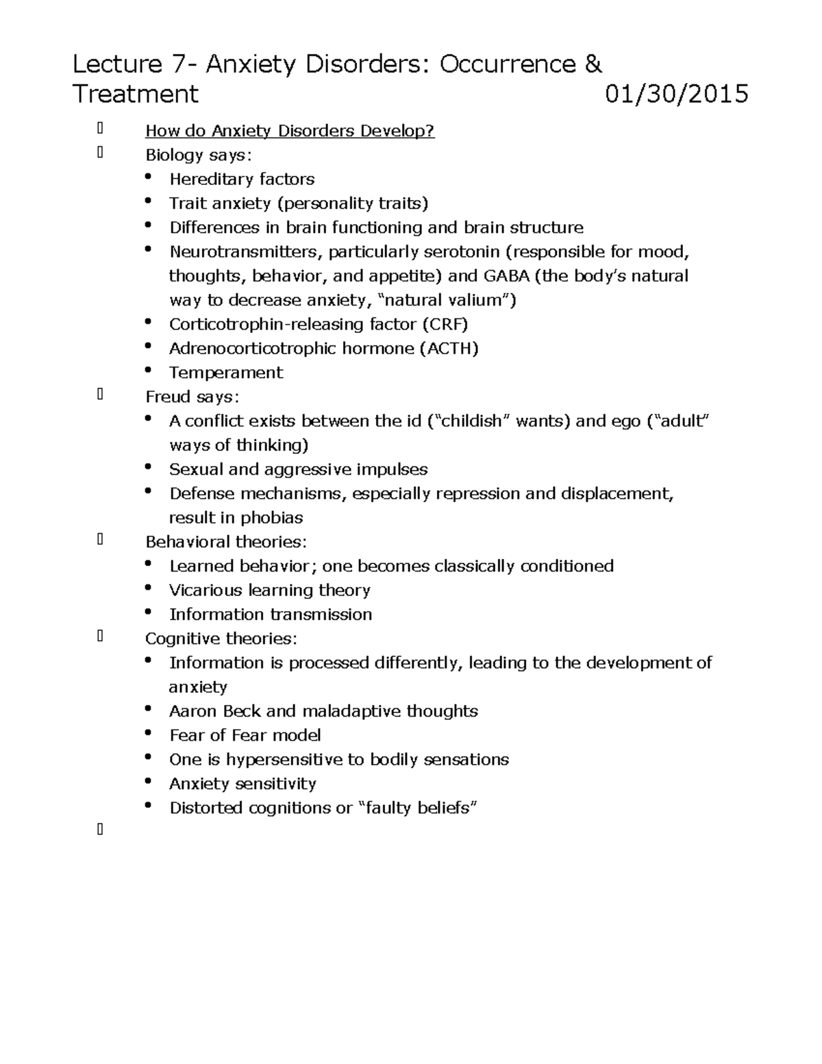 PY 358 Lecture 7 - Lecture 7- Anxiety Disorders: Occurrence &amp ...