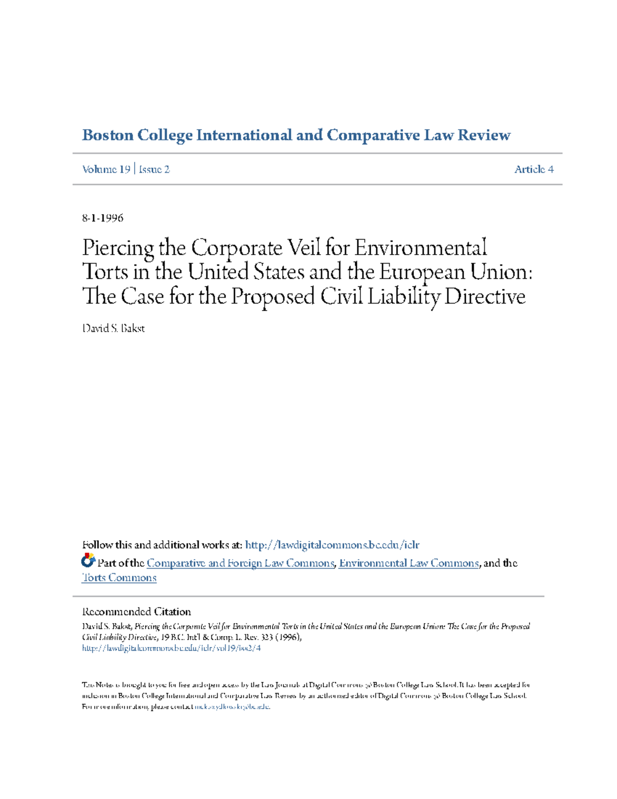 Piercing the Corporate Veil for Environmental Torts in the USA - Boston ...