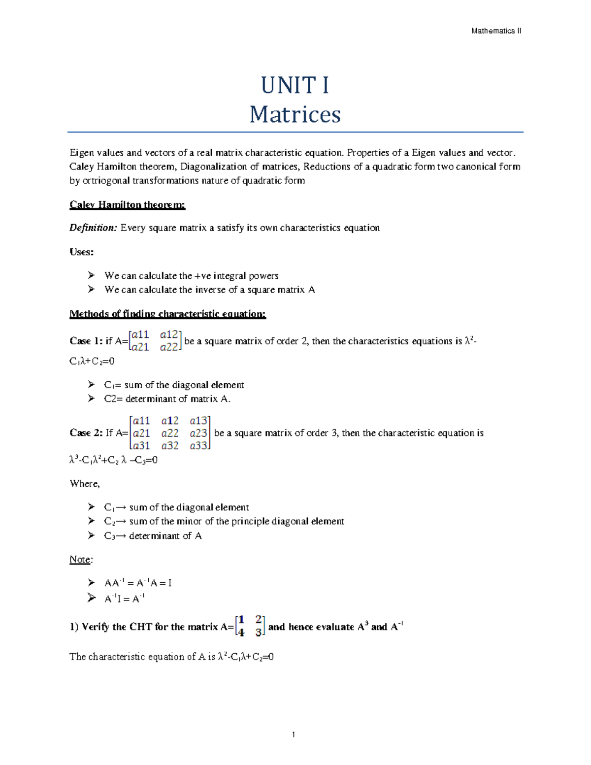 M2(U1) - Mathematics (Level2) Lecture Notes - UNIT I Matrices Eigen ...