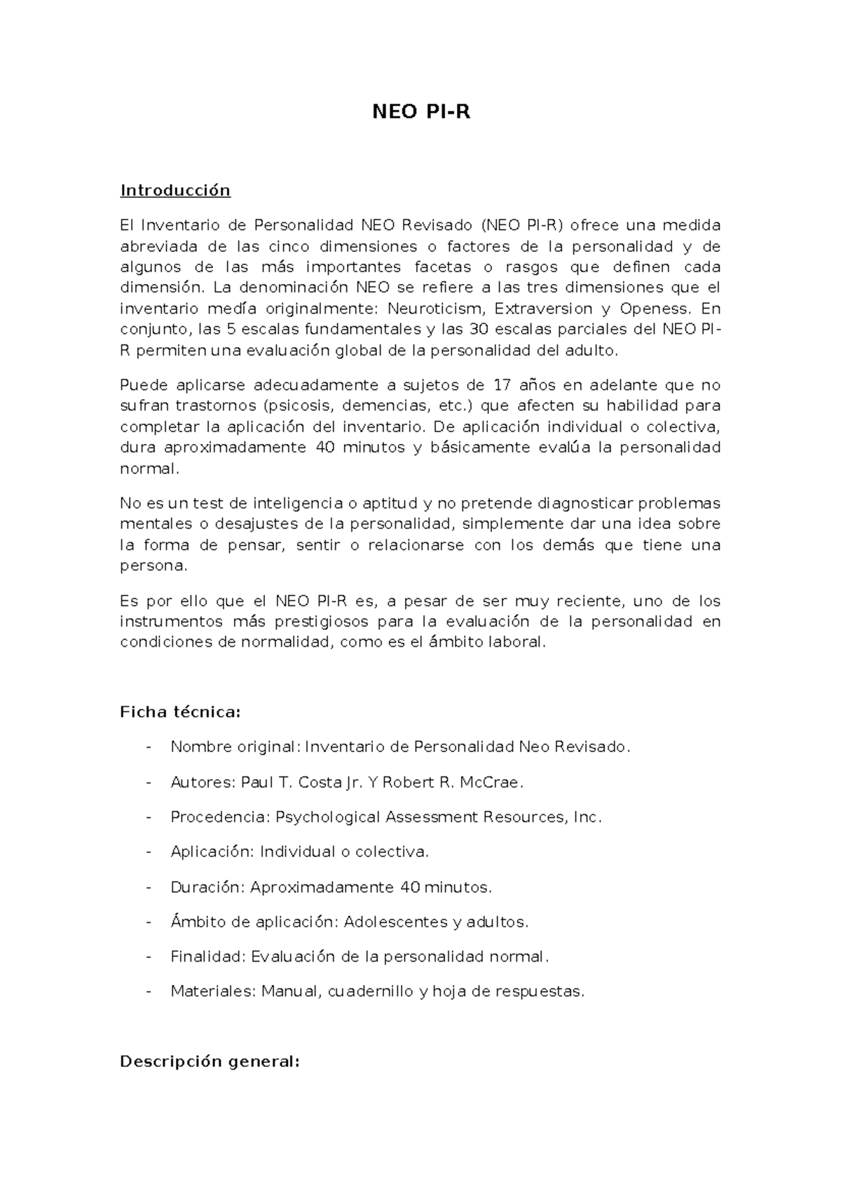 Neopi-R Manual - NEO PI-R Introducción El Inventario de Personalidad ...