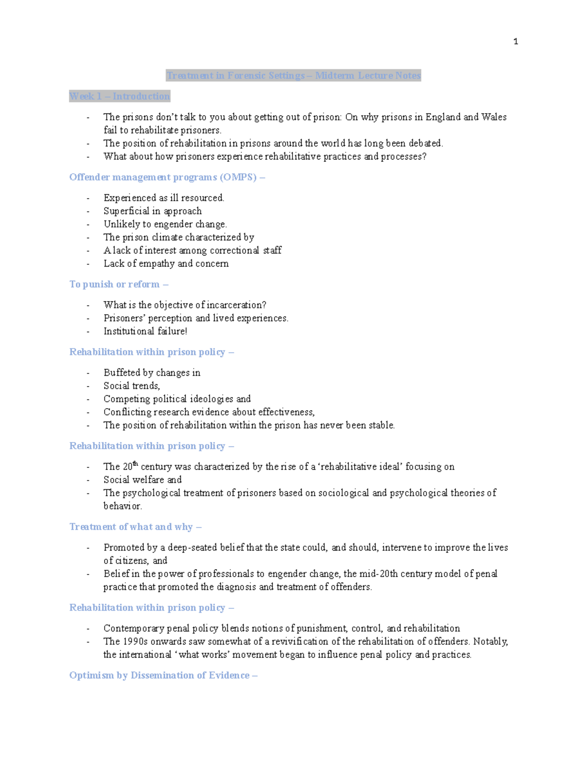 Treatment in Forensic Settings Midterm Lecture Notes - The position of ...
