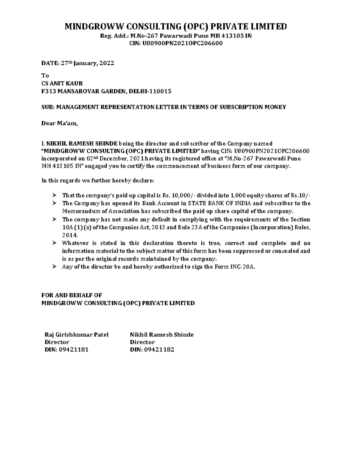 Management Representation Letter COB - MINDGROWW CONSULTING (OPC ...