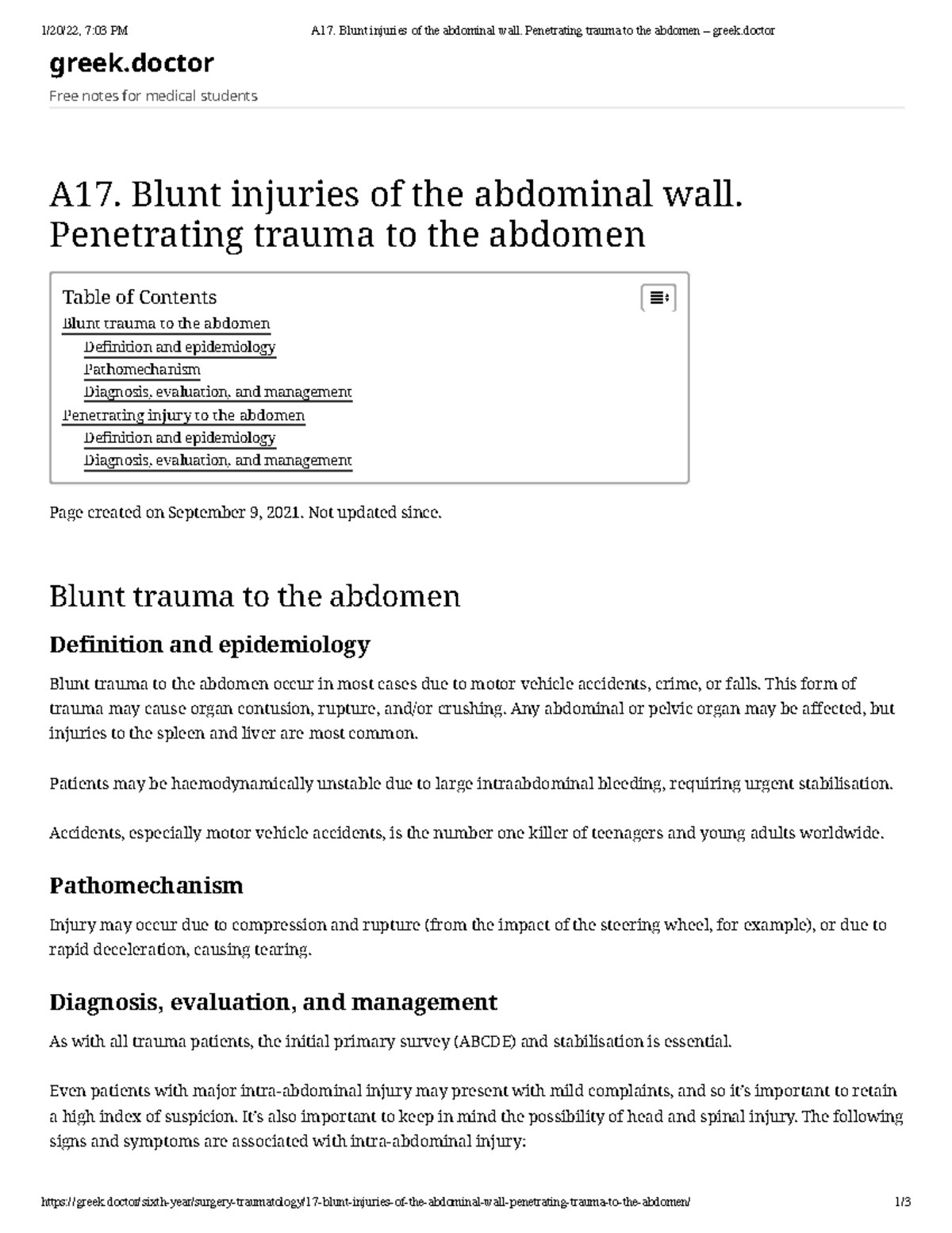 A17. Blunt injuries of the abdominal wall. Penetrating trauma to the ...