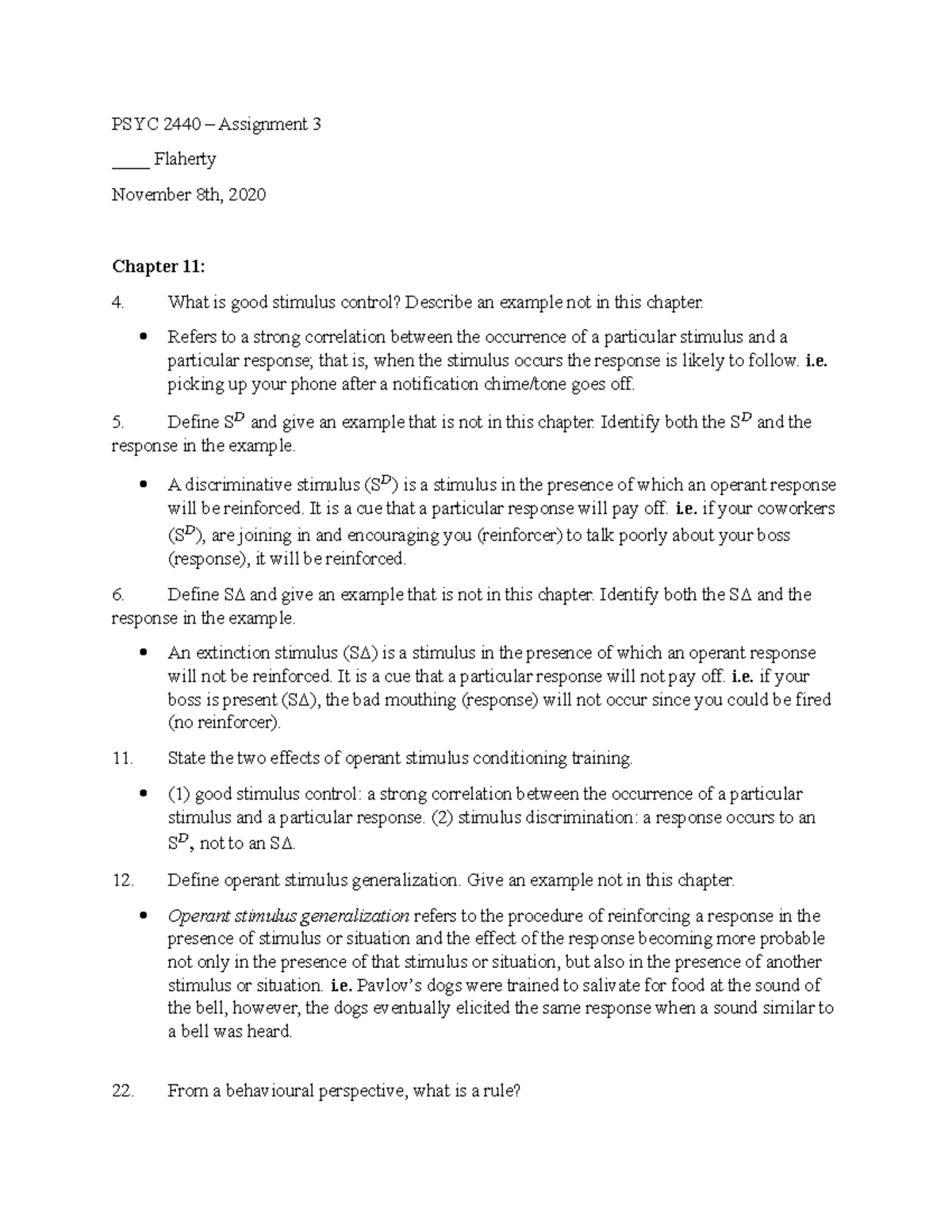 PSYC 2440 - Assignment 3 - PSYC 2440 – Assignment 3 ____ Flaherty November 8th, 2020 Chapter 11 ...