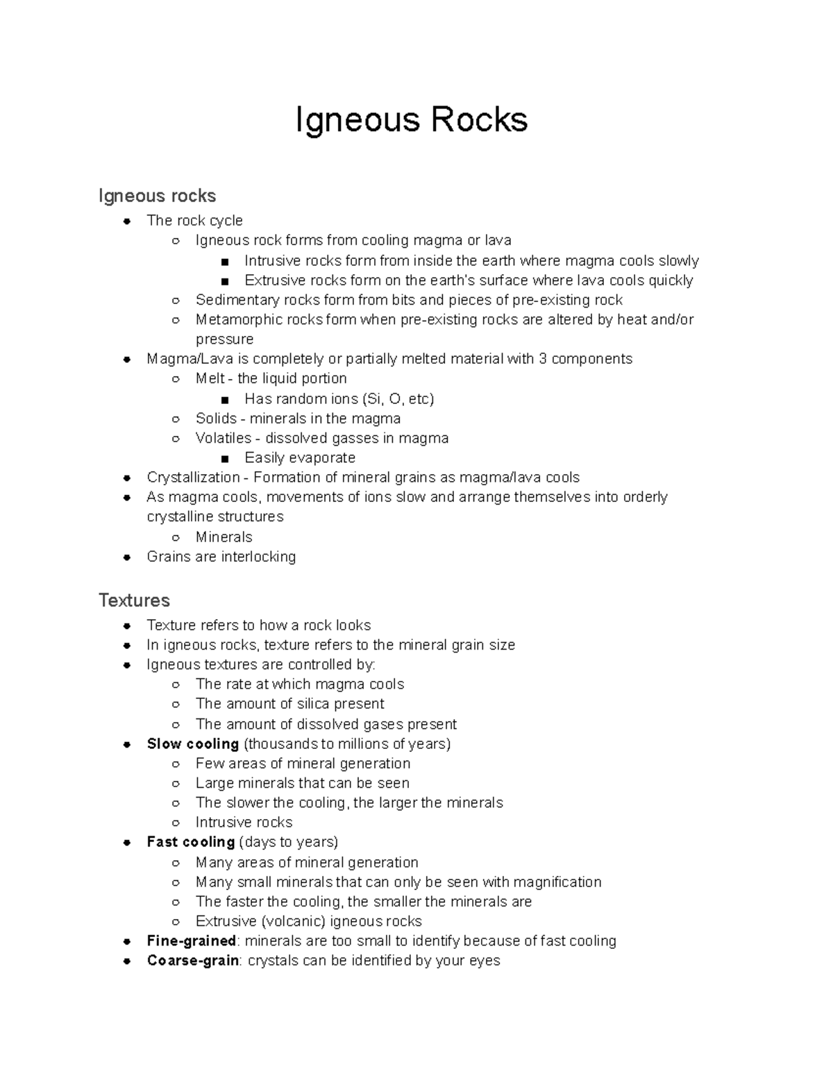 Igneous Rocks Notes - Igneous Rocks Igneous rocks The rock cycle ...