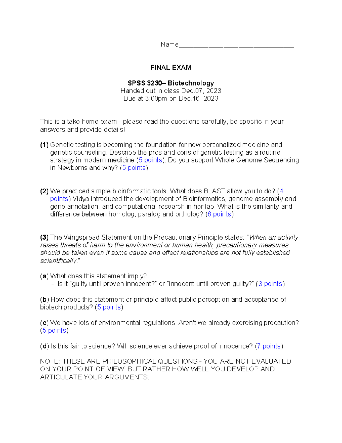 Biotech Final EXAM 2023 - Name_______________________________ FINAL ...