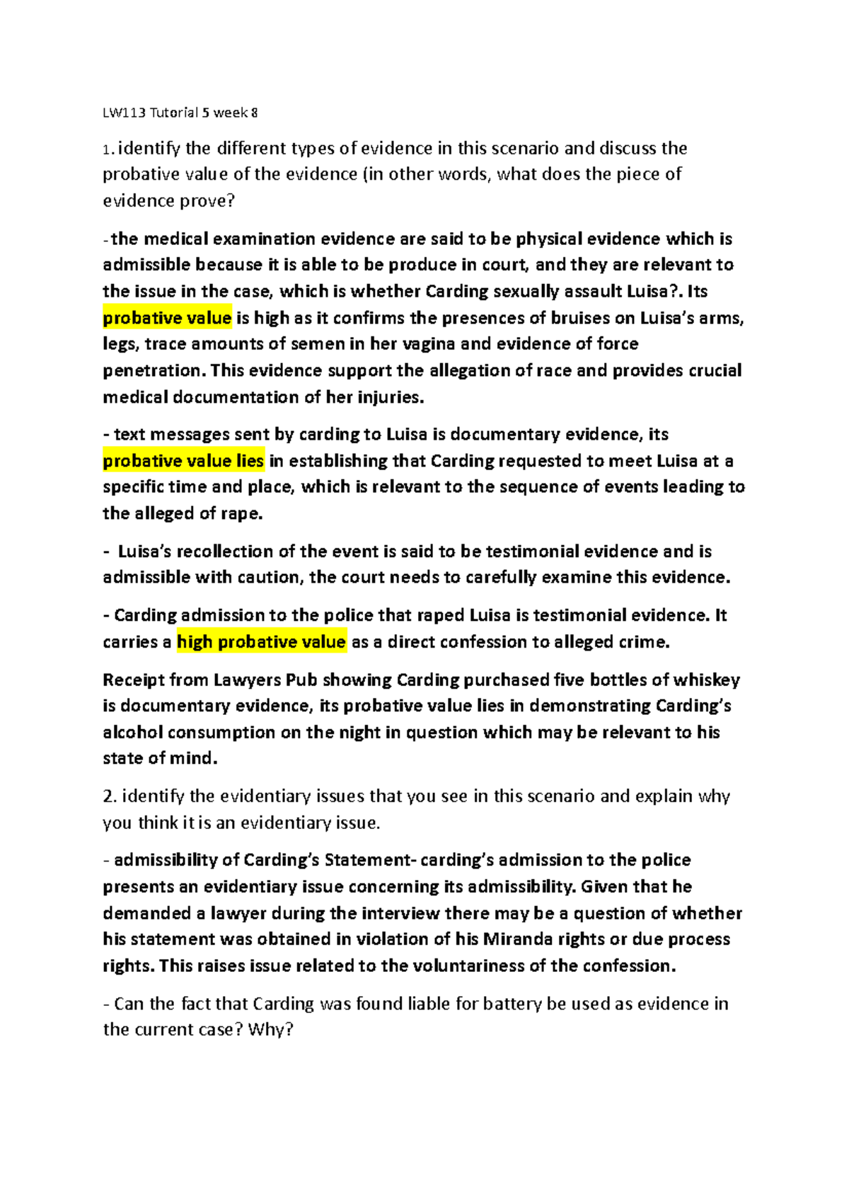 LW113 Tutorial 5 week 8 - LW113 Tutorial 5 week 8 1. identify the ...