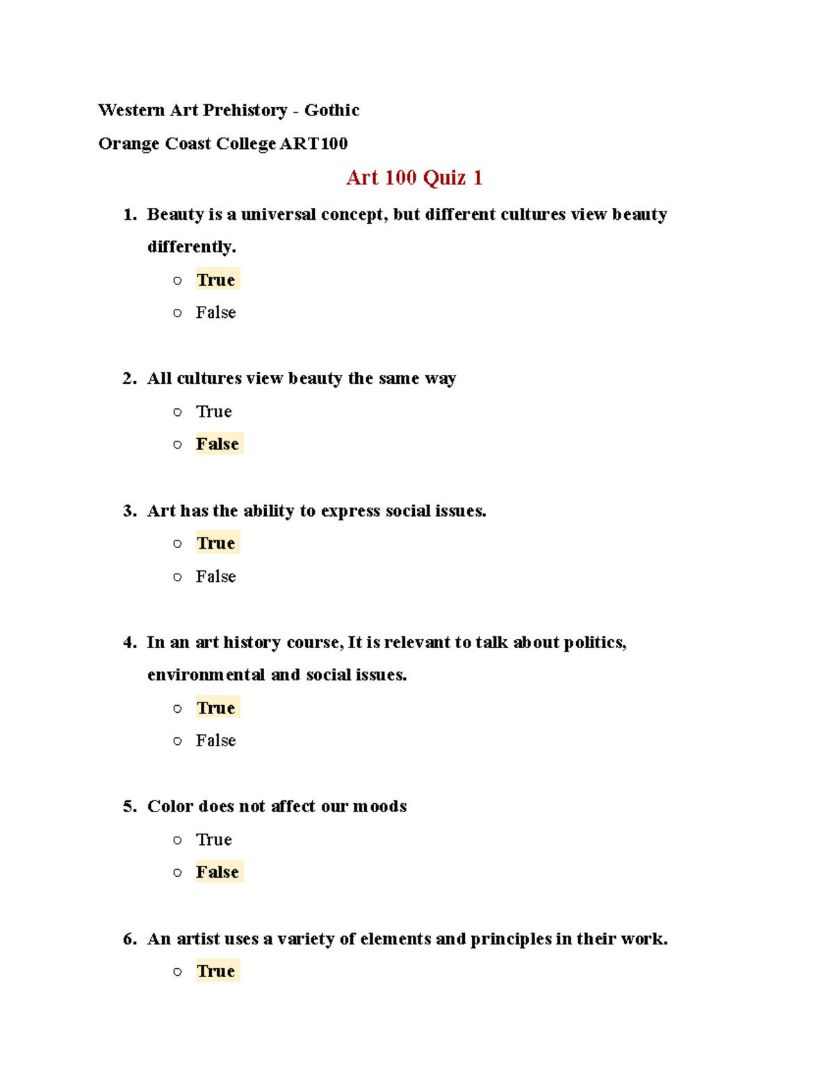 Art 100 Quiz 1 - Answer for Art 100 Quiz 1 - Western Art Prehistory ...