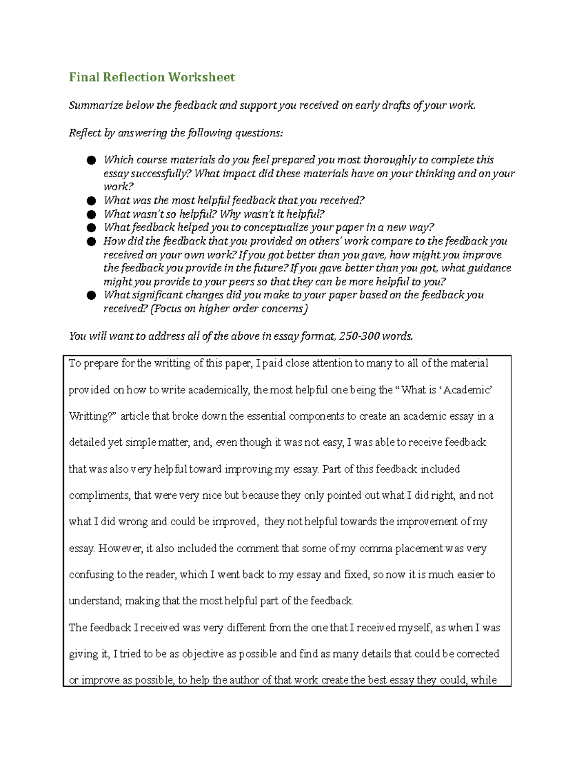 Creating Joy n my Life Final Reflection Worksheet - Final Reflection ...