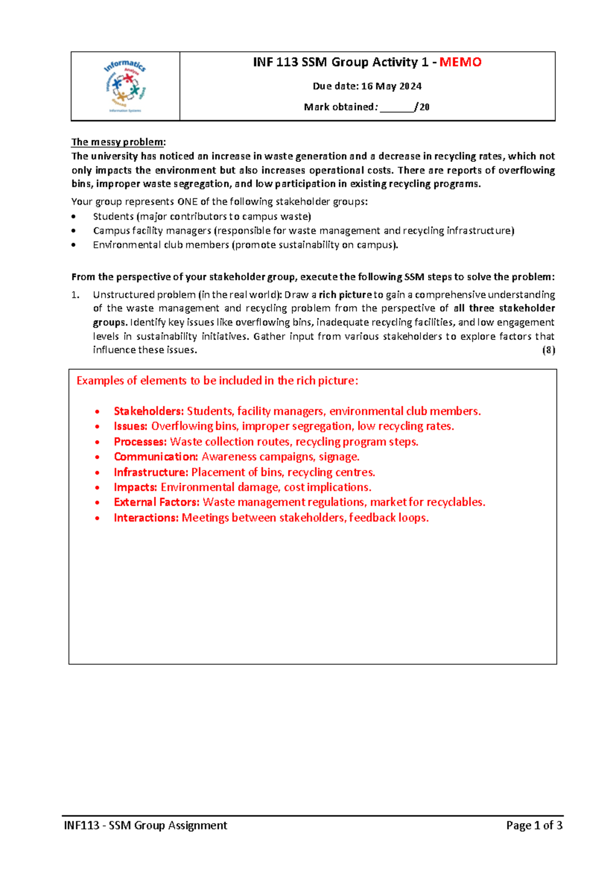 SSM Class Group Activity Part 1 MEMO - INF113 - SSM Group Assignment Page 1 of 3 INF 113 SSM ...