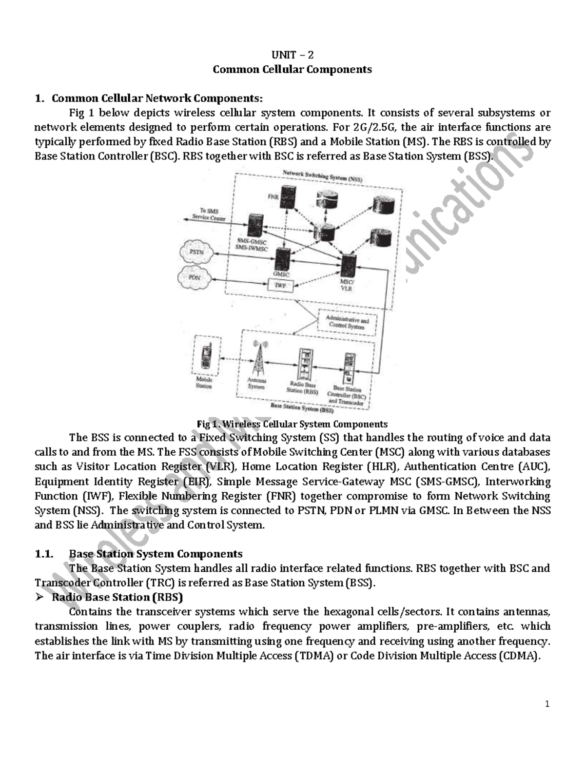 UNIT 2 - UNIT – 2 Common Cellular Components Common Cellular Network ...