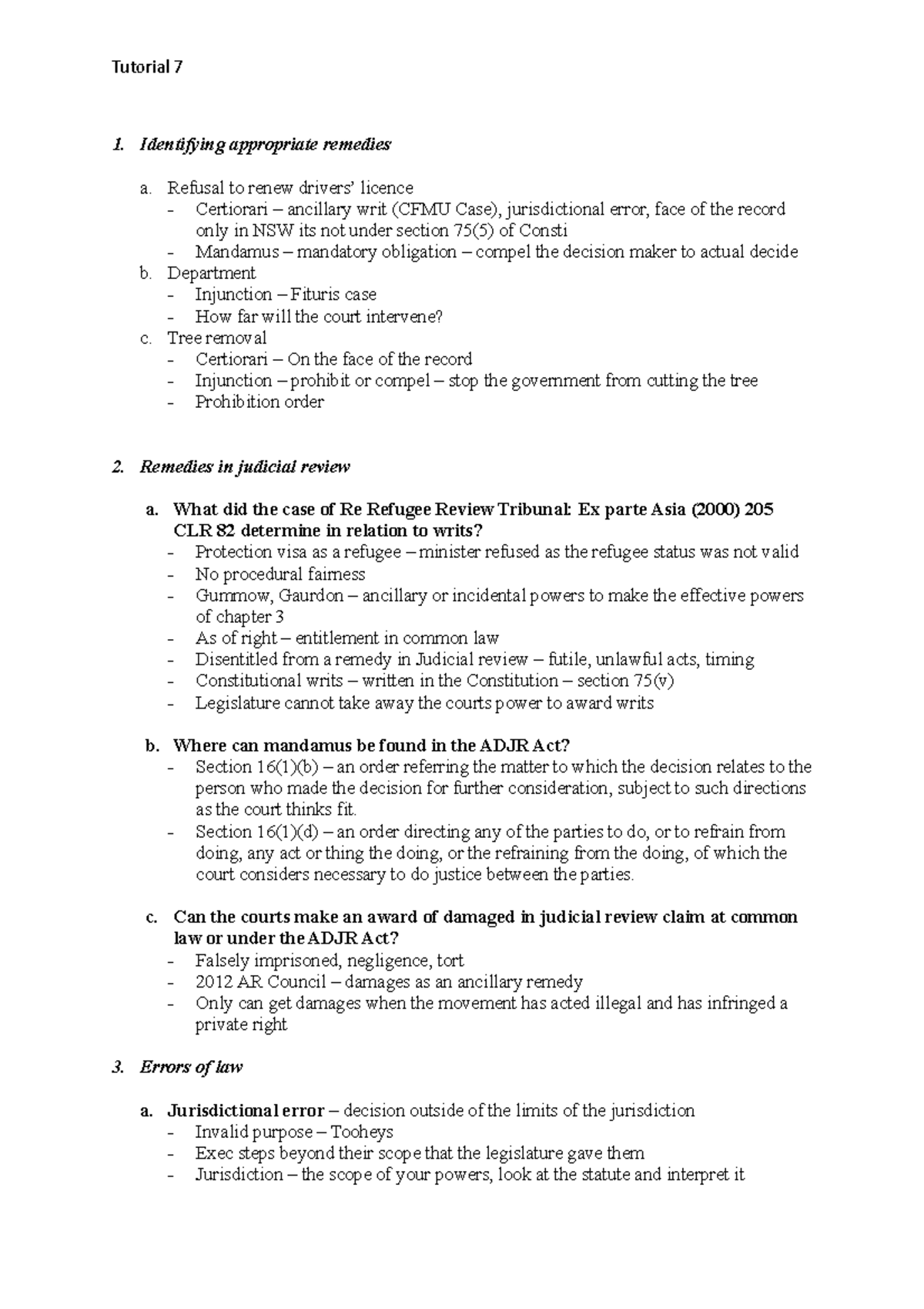 Tutorial 7 Admin Law - Questions and Summary answers - Tutorial 7 ...