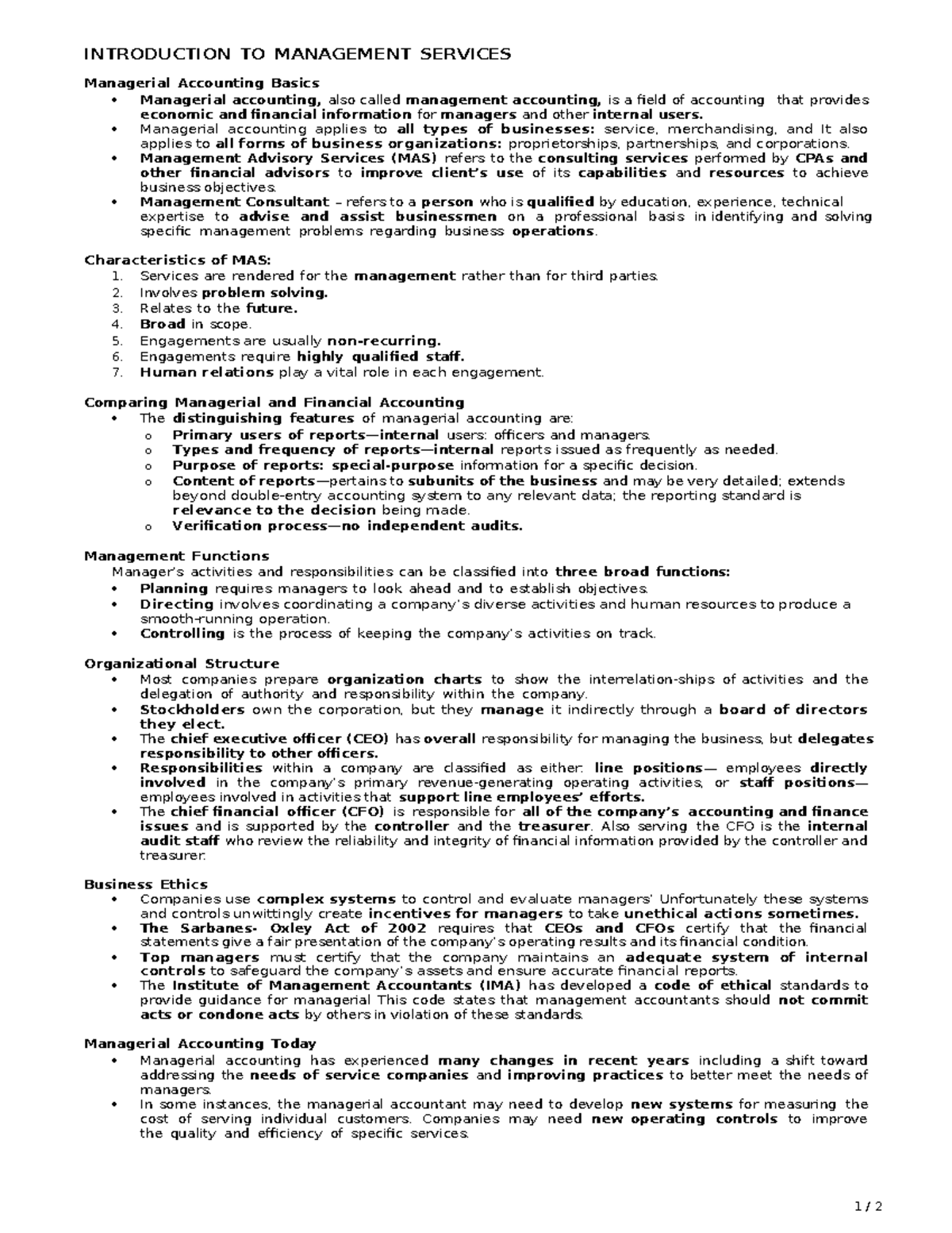 MS Bullet Notes 1 - Introduction to MS - INTRODUCTION TO MANAGEMENT ...