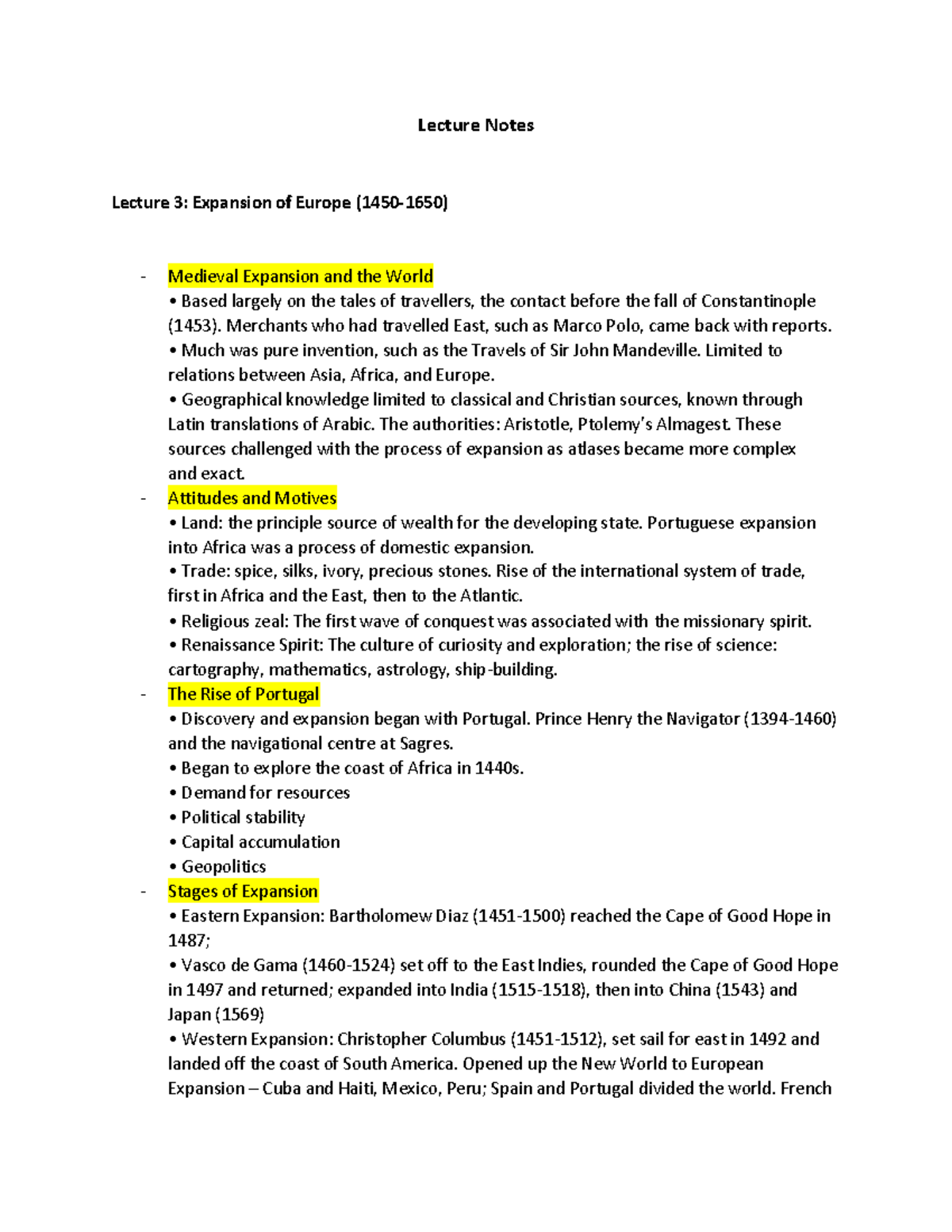 Lecture Notes - HIS2057 - Lecture Notes Lecture 3: Expansion of Europe ...