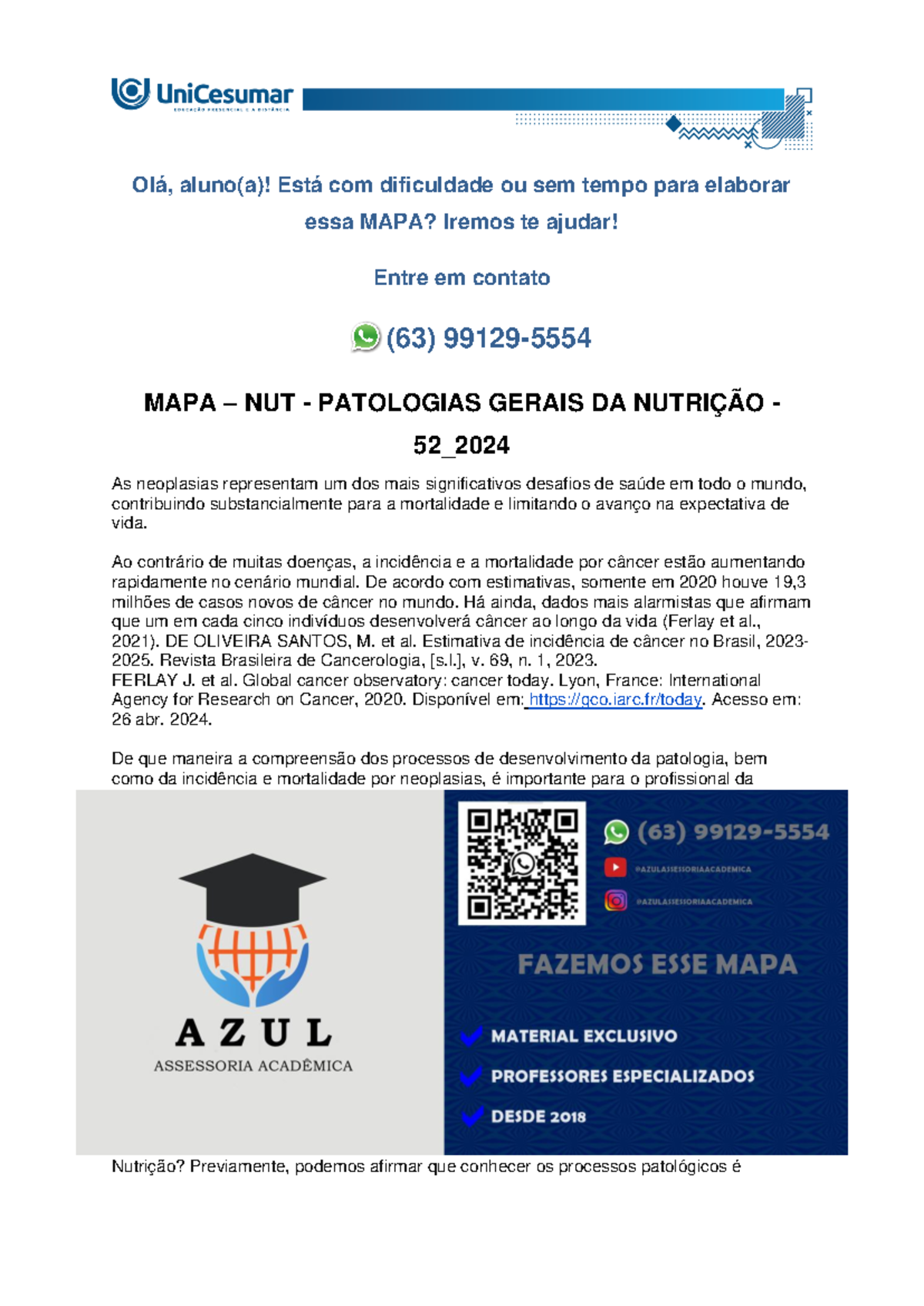 MAPA - NUT - PATOLOGIAS GERAIS DA NUTRIÇÃO - 52_2024 - Olá, aluno(a ...