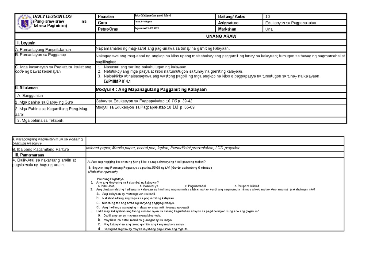 DLL-ESP10-Module-4- Glorelyn Alejandro - DAILY LESSON LOG (Pang-araw-araw na Tala sa Pagtuturo ...