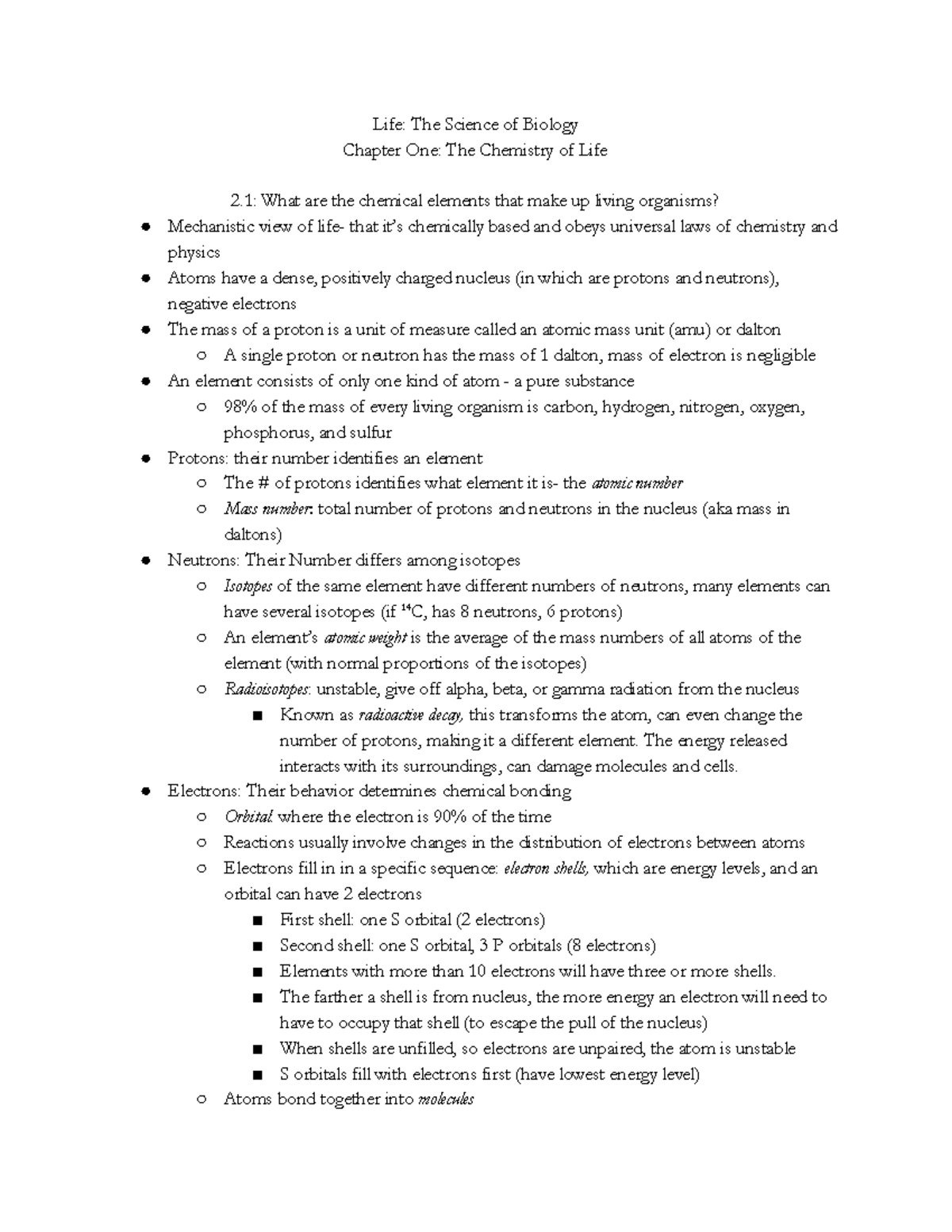 Chapter Two - Life: The Science of Biology Chapter One: The Chemistry ...