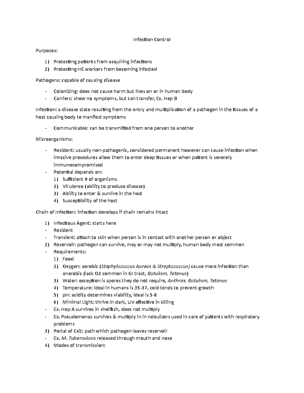 Infection Control - Notes from Potter and Perry textbook and lecture ...