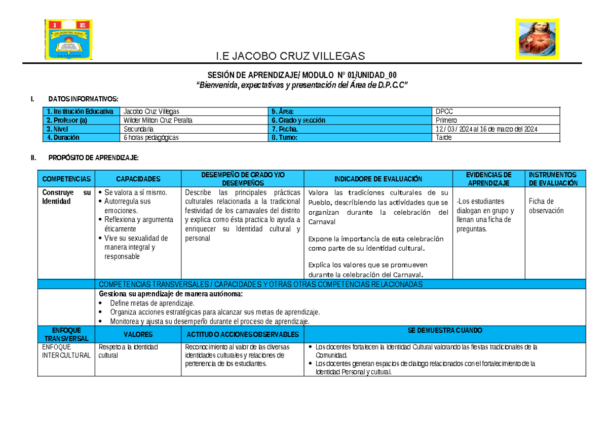 Sesion DE Aprendizaje N° 01 - I JACOBO CRUZ VILLEGAS SESIÓN DE APRENDIZAJE/ MODULO Nº 01/UNIDAD ...