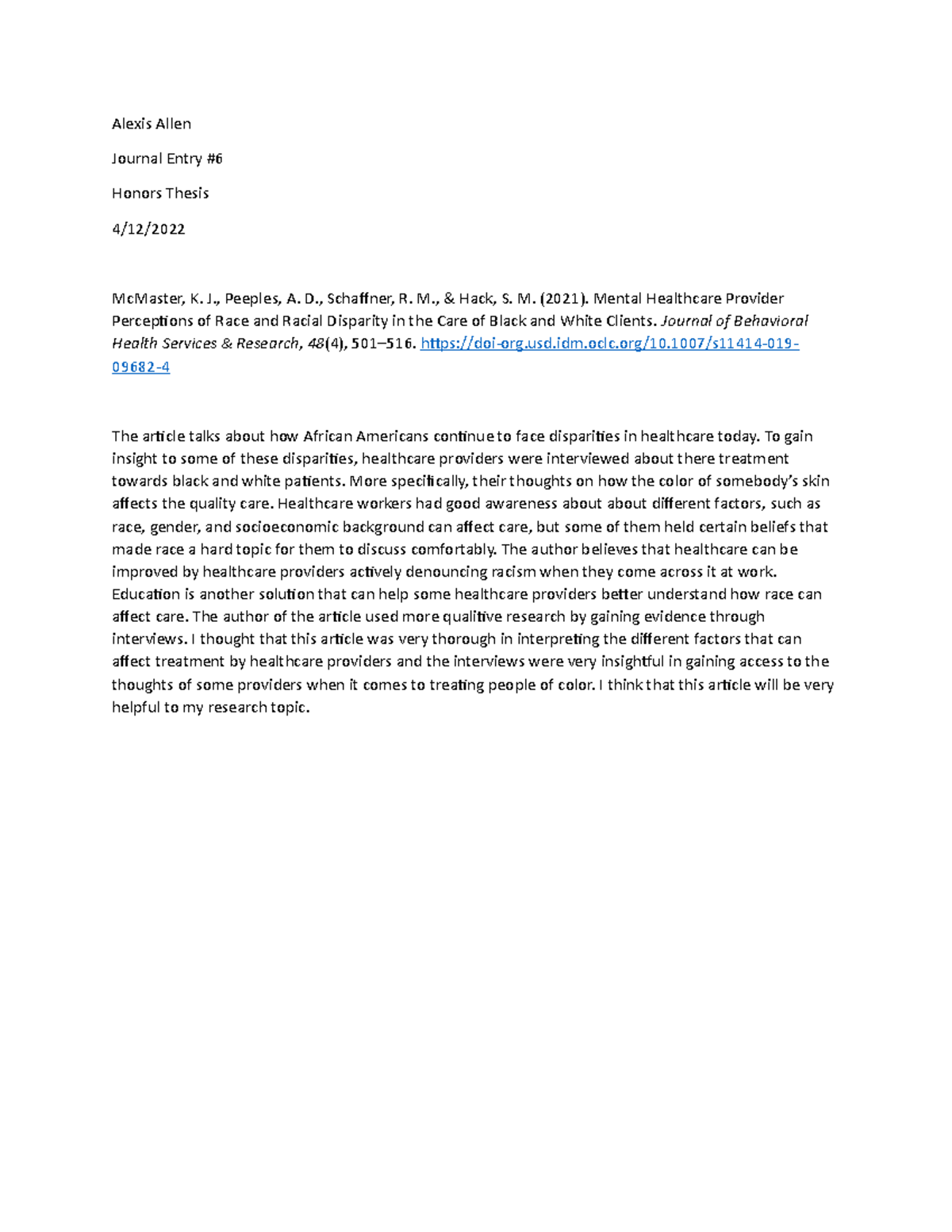 Journal Entry #6 (Honors Thesis) - Alexis Allen Journal Entry # Honors ...