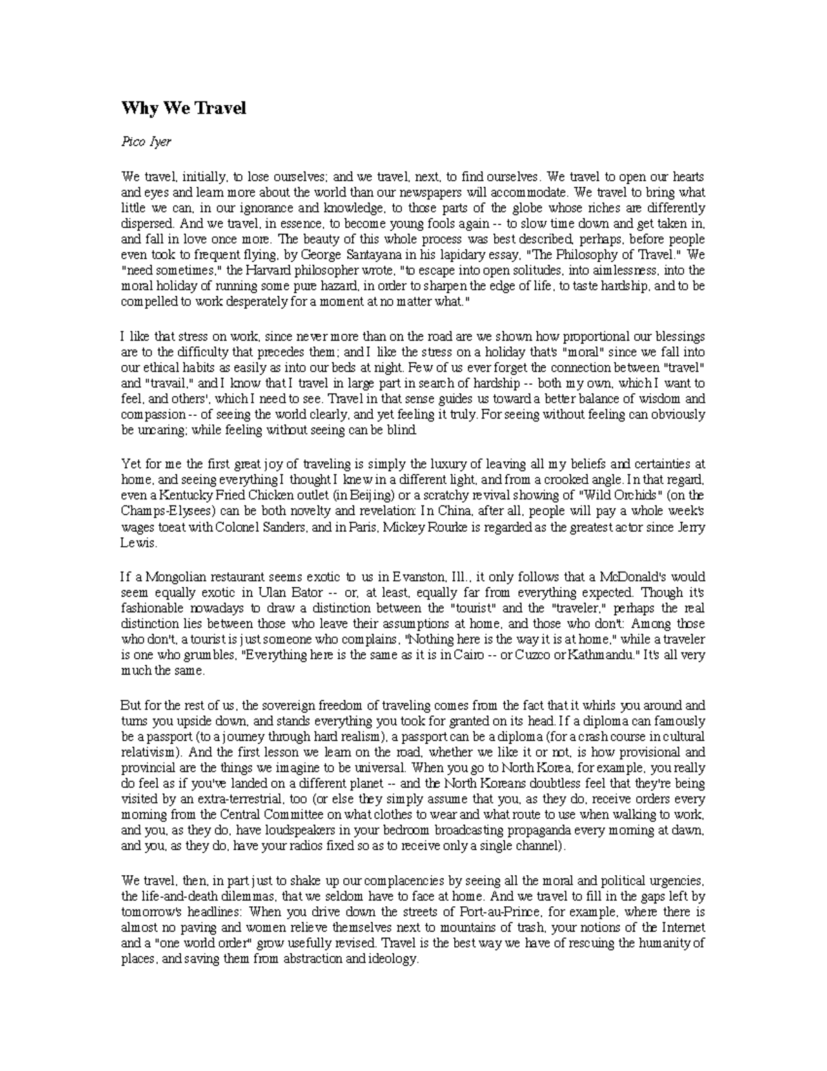 Why-We-Travel - Summary of chapter - Why We Travel Pico Iyer We travel ...