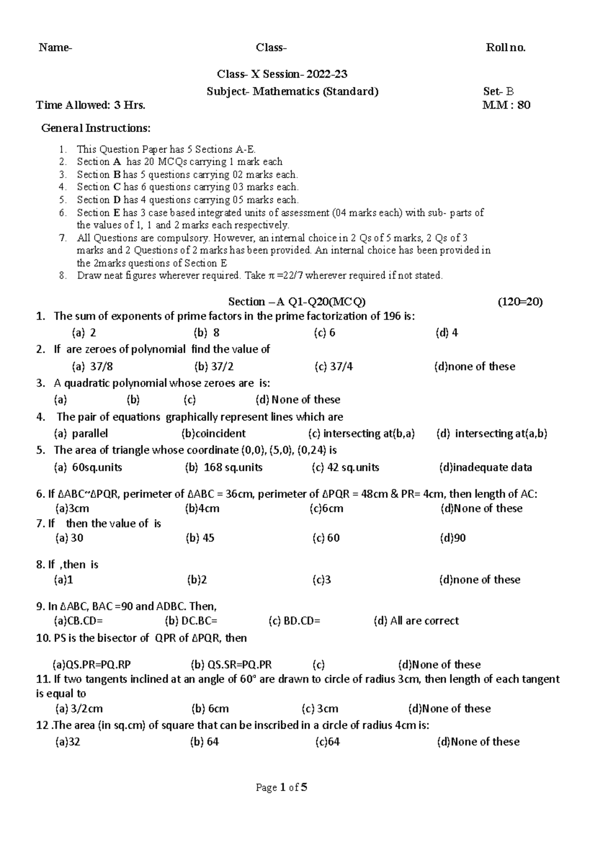 SET B PB1 class 10 2022 - Question paper - Name- Class- Roll no. Class ...
